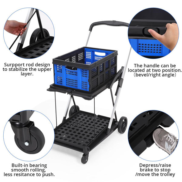 babevy 2-Tier Portable Collapsible Utility Cart Shopping Cart & Reviews ...