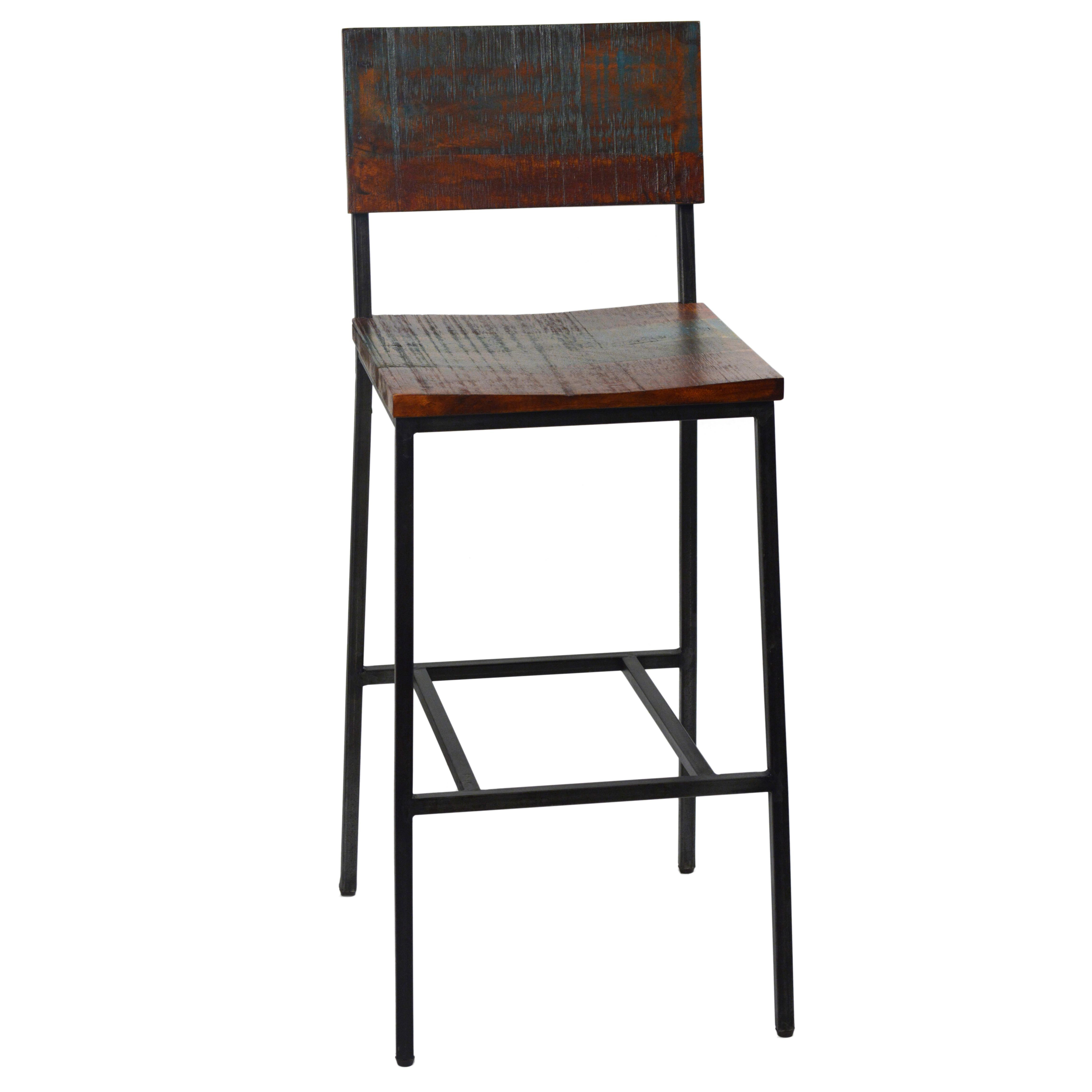 17 Stories Jevhen Rustic Acacia and Antique Iron High Back Bar Stool ...