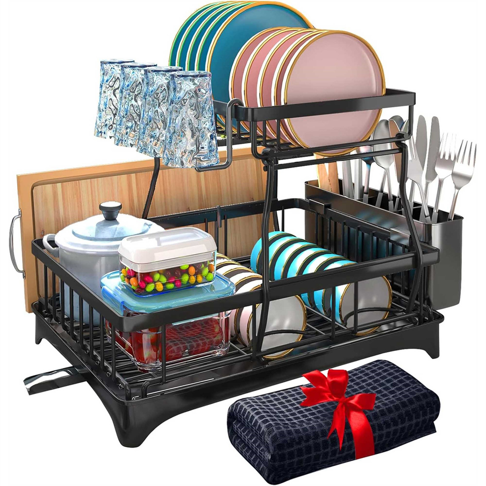TELA 2-Tier Dish Drying Rack with Drainboard, Mat & Utensil Holder for ...