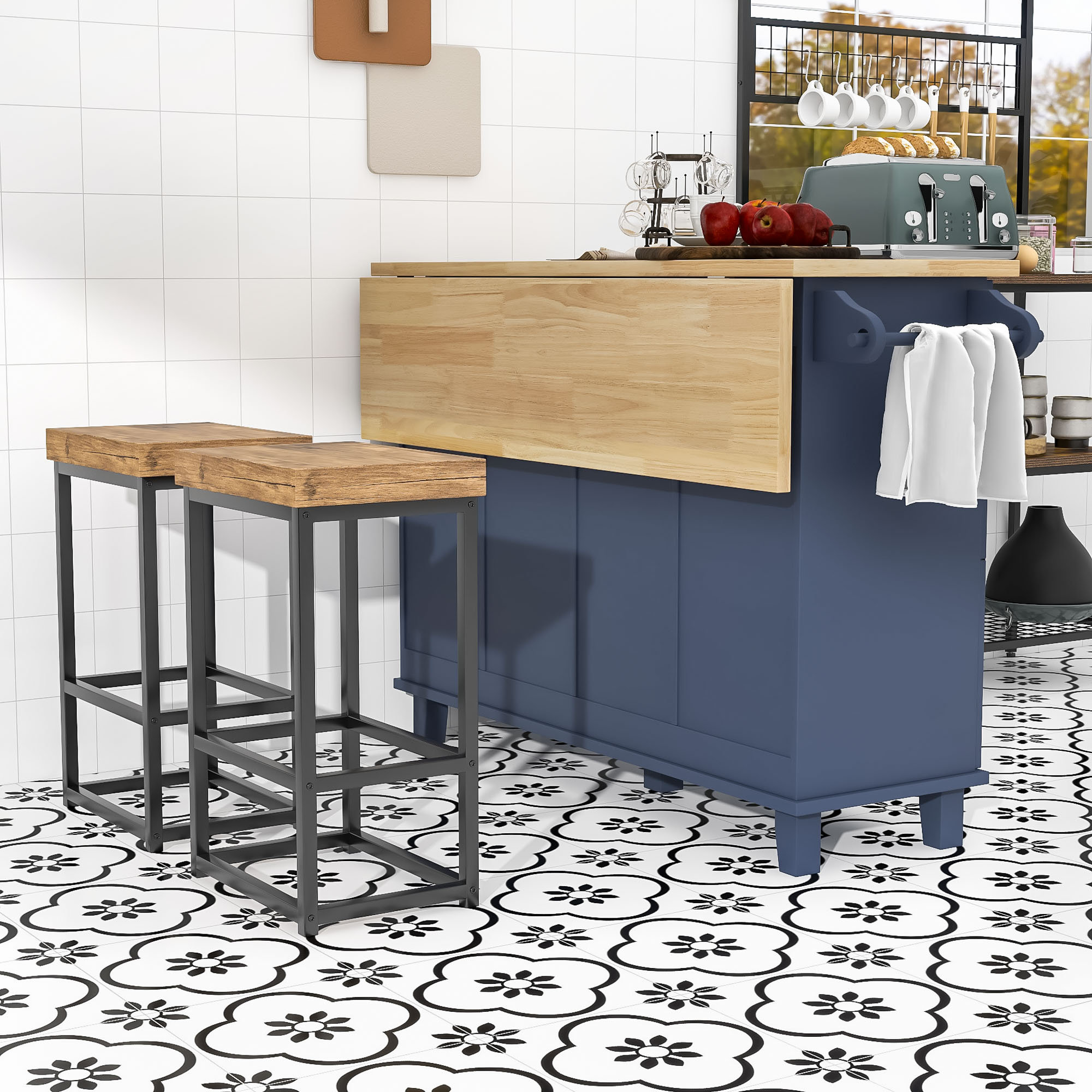 Lark Manor™ Kitchen Island Set with Drop Leaf, 2 Seating Stools ...