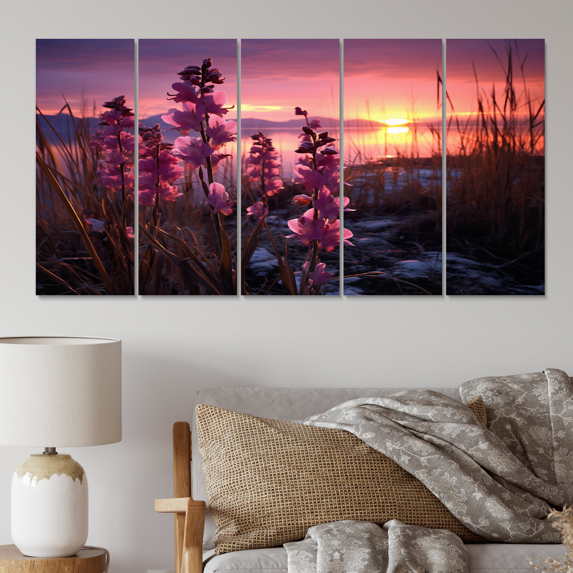 Latitude Run® Pink Orchids Field With Sunset 5 Pieces | Wayfair