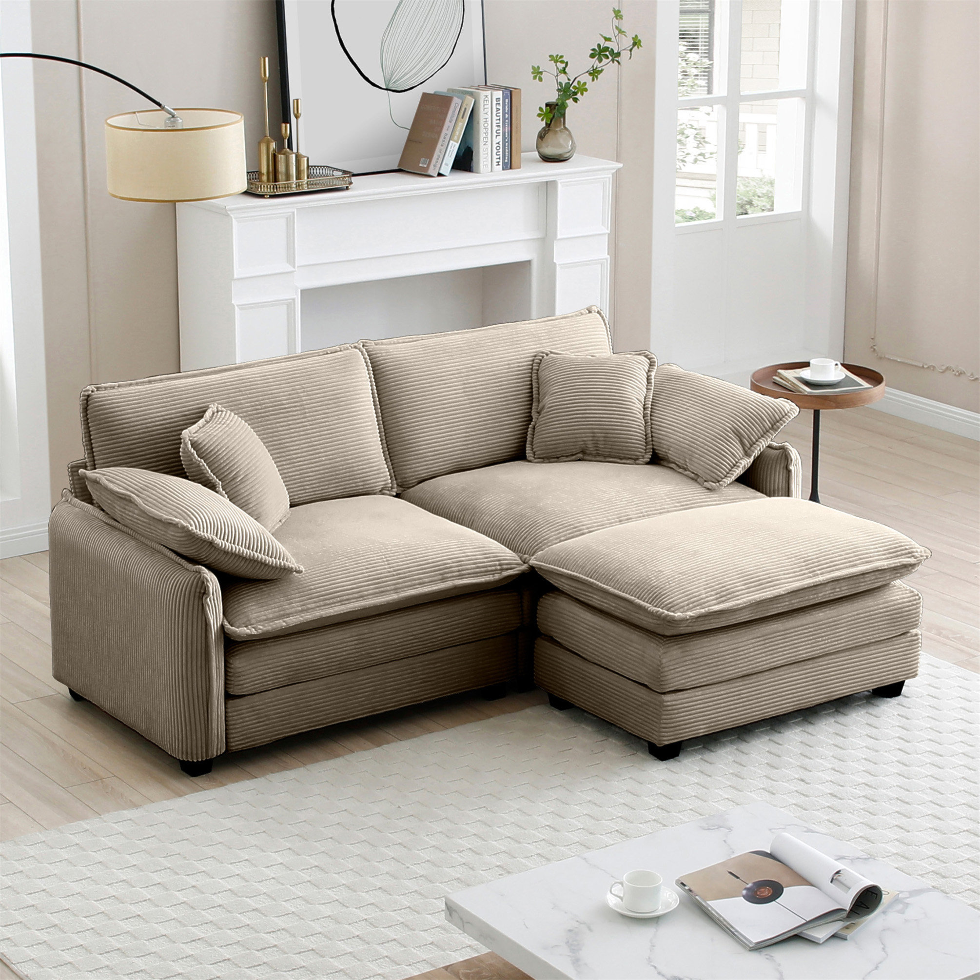 Latitude Run® Corduroy Two-Seater Sofa With 1 Footrest, L-Shaped 2 ...