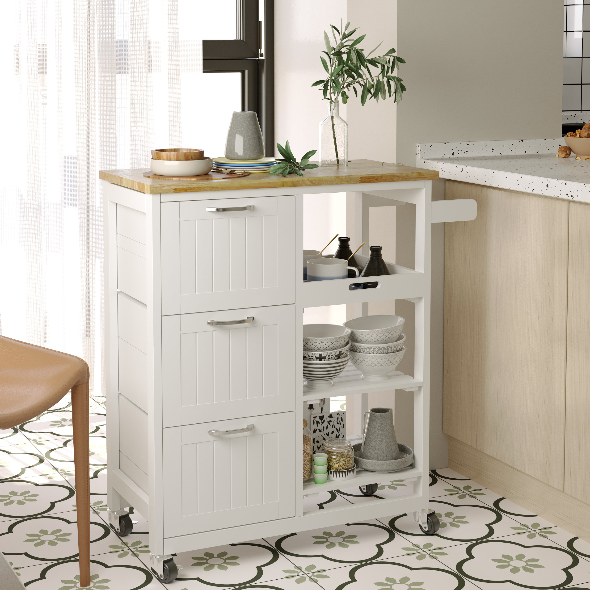 Ebern Designs Jyion Rolling Kitchen Island with Solid Wood Top ...