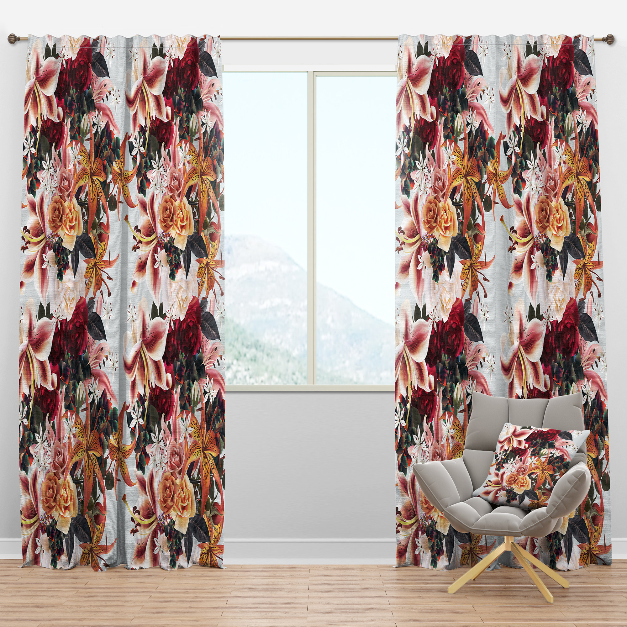 Design Art Floral Pattern with Roses and Lily - Floral Curtain - Velvet ...