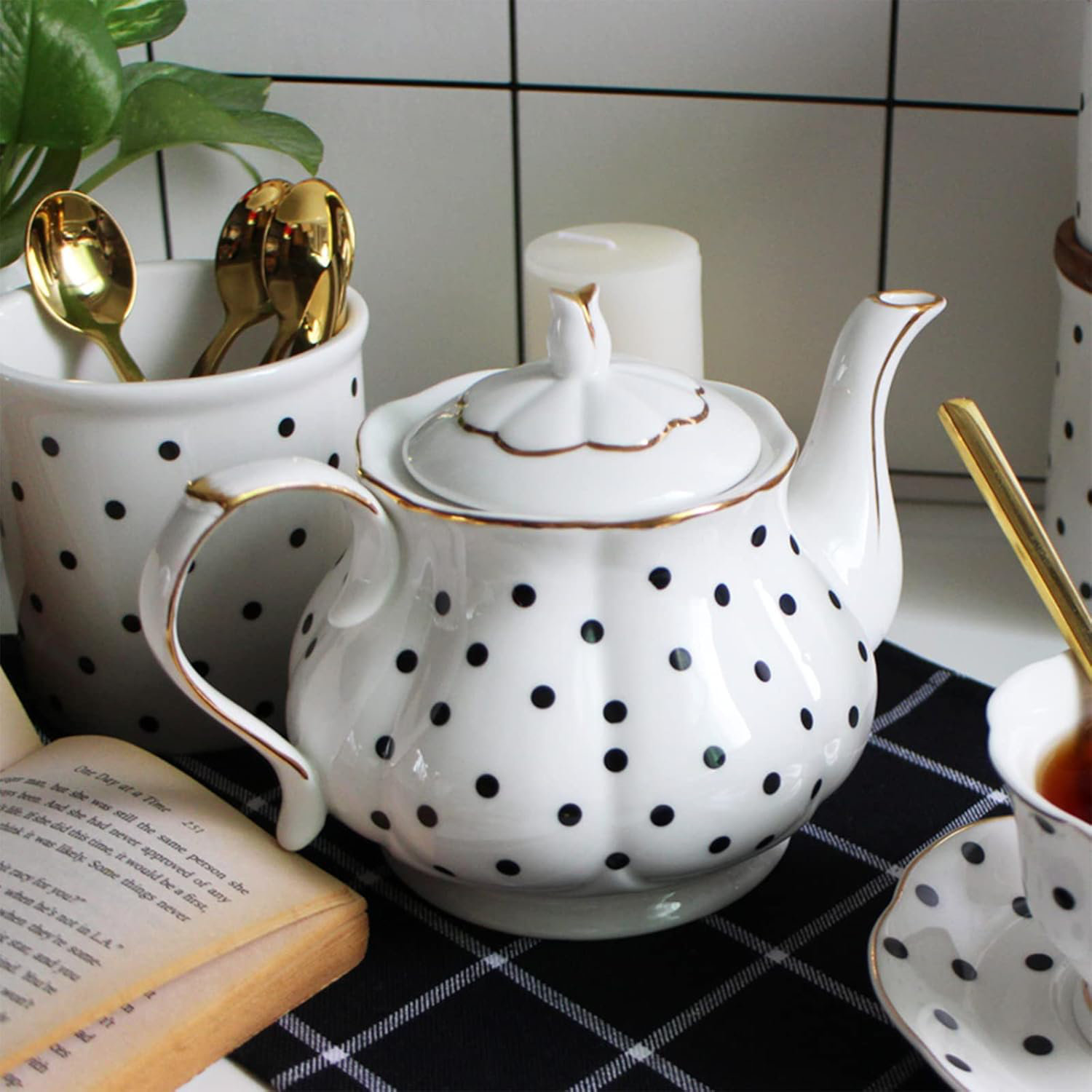 House of Hampton® Polka Dot Ceramic Teapot Pumpkin Fluted Shape Vintage ...
