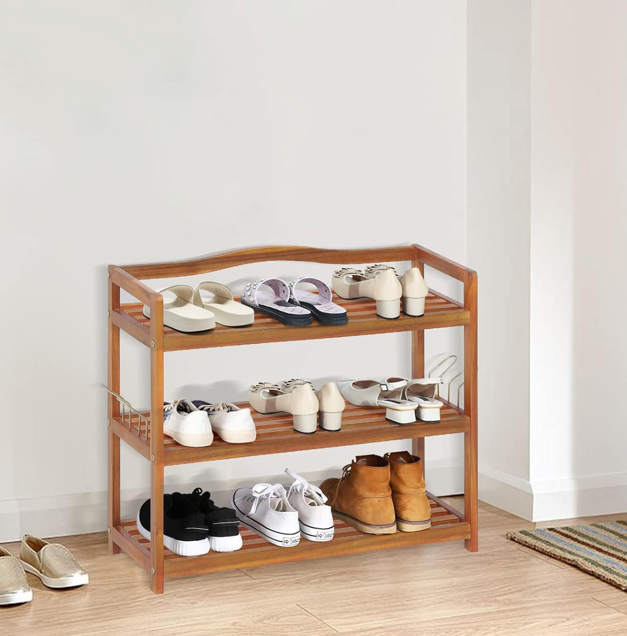 Rebrilliant 3-Tier Shoe Rack, Acacia Wood Shoe Shelf With Side Metal ...