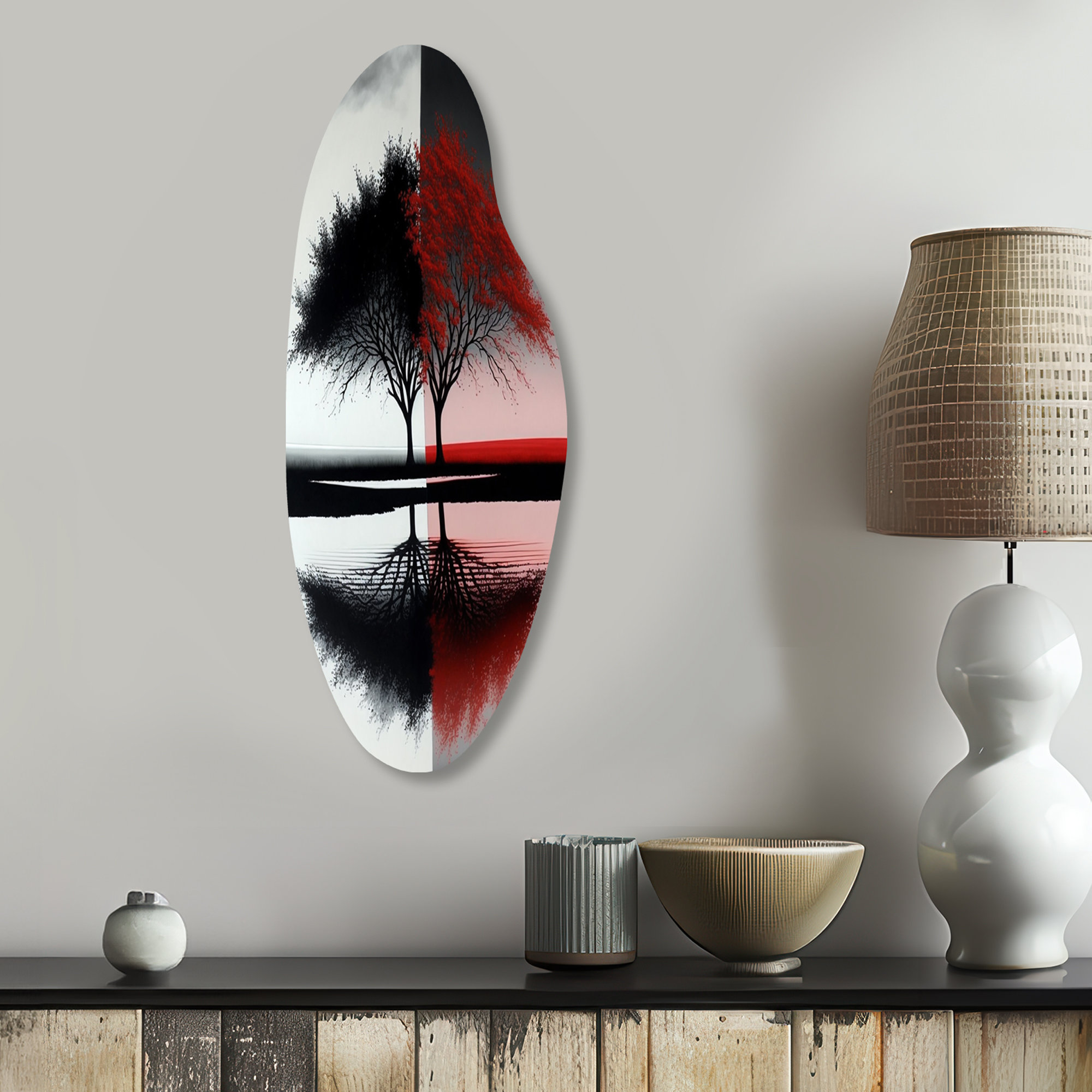 Design Art Red And Black Abstract Trees By The Lake - Landscape Forest ...