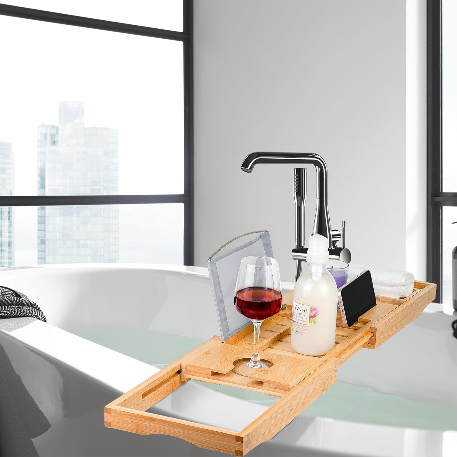 Latitude Run® Bamboo Bathtub Caddy Tray Bath Tray For Tub, Adjustable ...