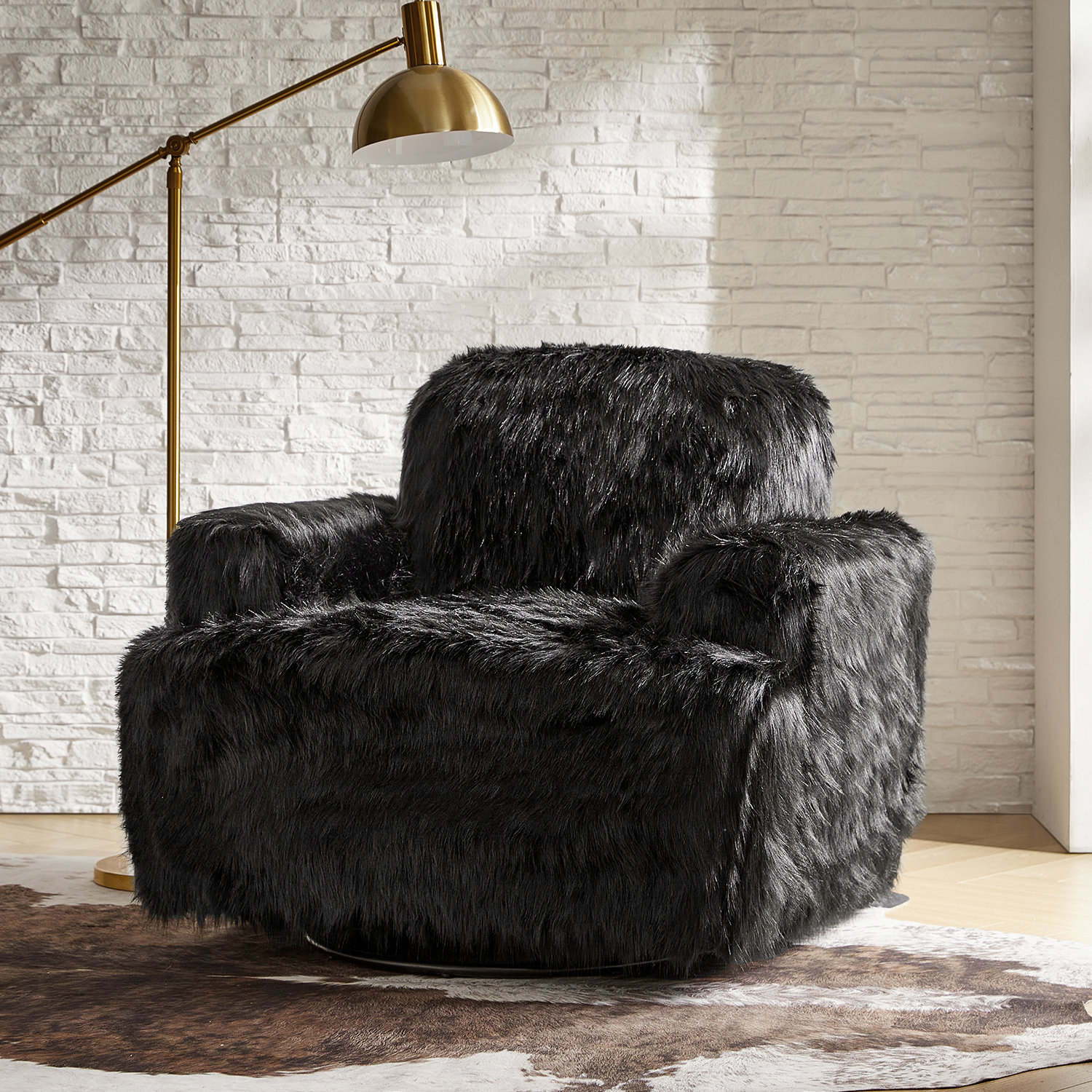 Everly Quinn Hawkesbury 38.5"W Oversized Faux Fur Swivel Rocking Arm ...