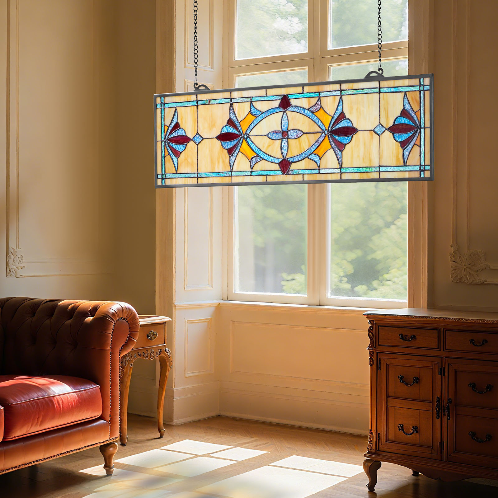 Fleur De Lis Living Stained Glass Tiffany Style Hanging Window Panel ...