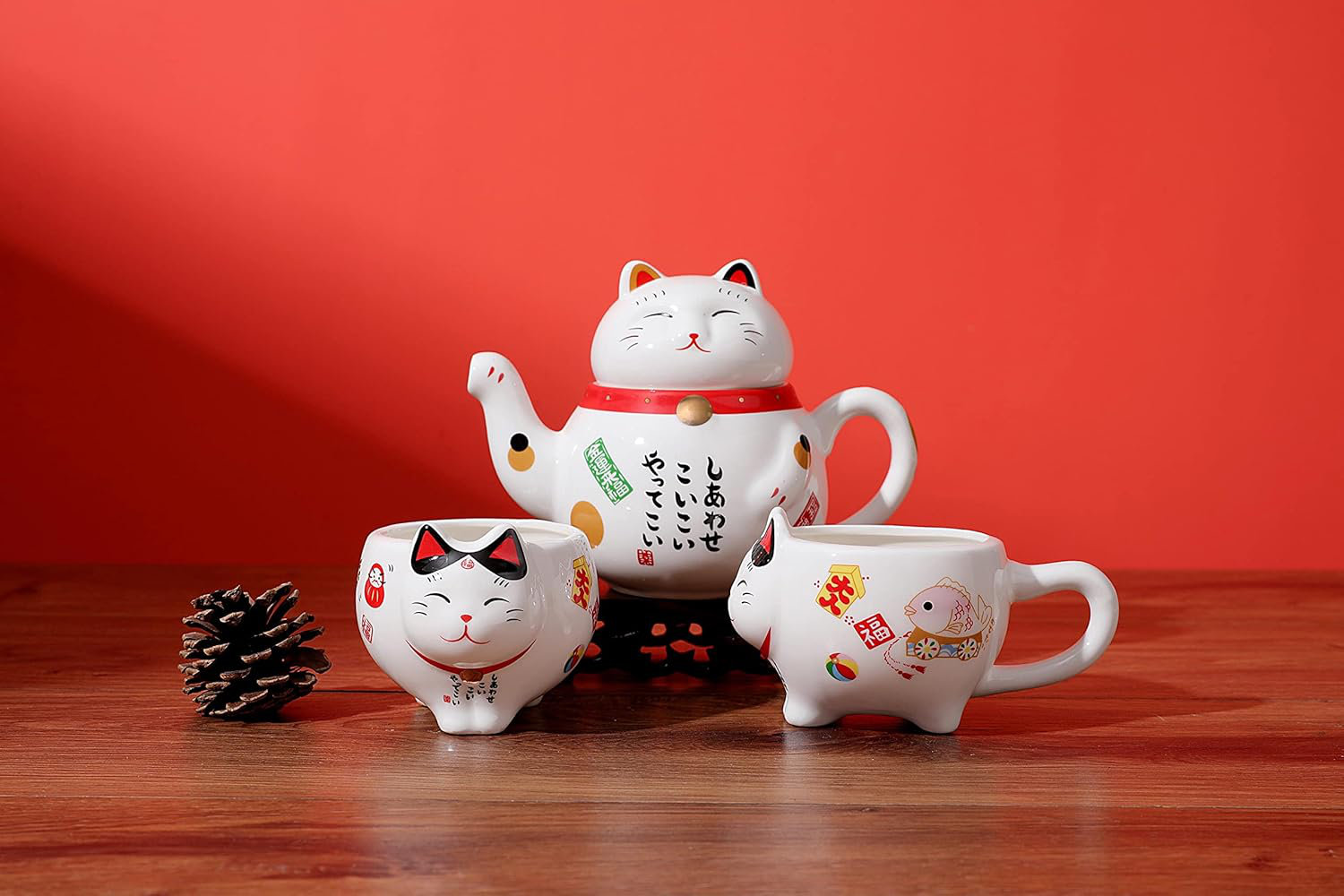 Dakota Fields Lucky Cat Tea Set Ceramic Teapot with 2 Teacups and ...