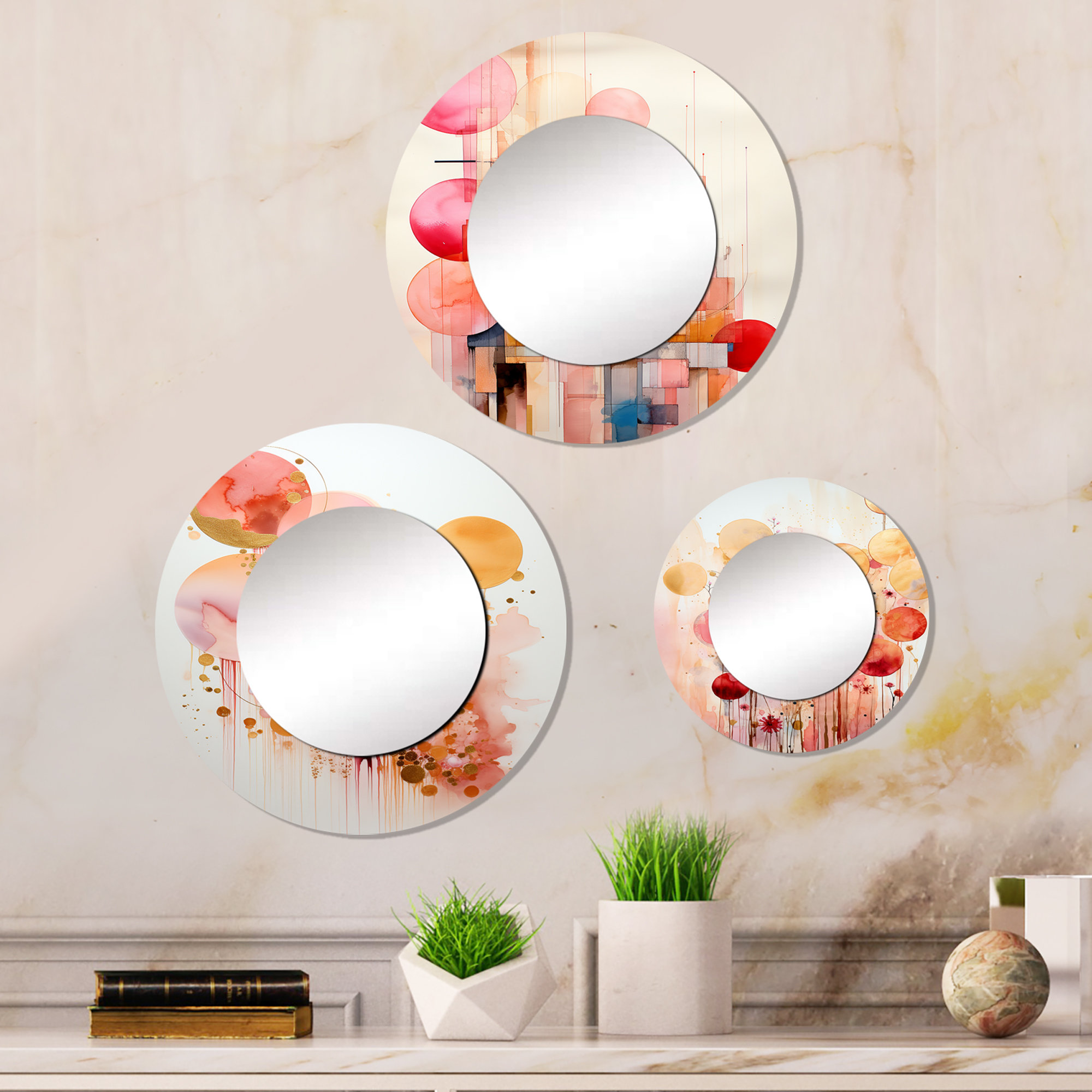 Mercer41 Kassidy - Round Mirror On Glossy Modern Metal Decor Set Of 3 ...