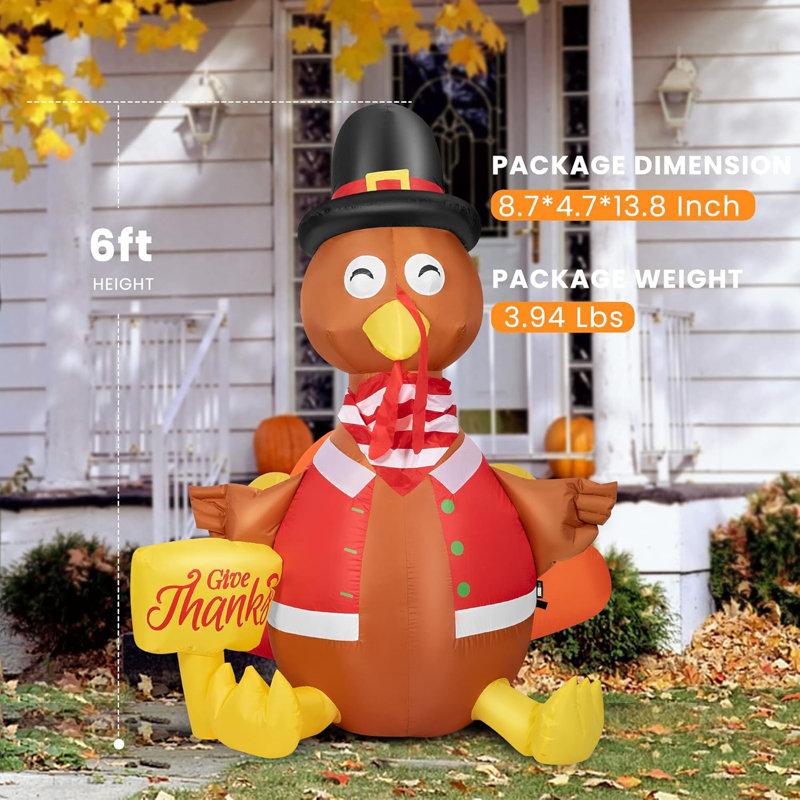 The Holiday Aisle® 6ft Height Thanksgiving Inflatable Lighted Turkey ...