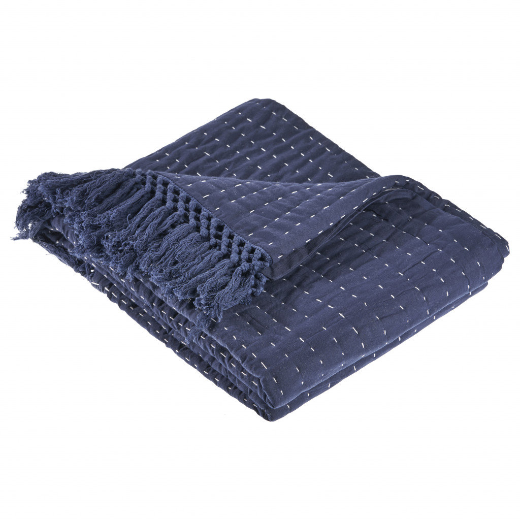 HomeRoots Blue Woven Cotton Solid Color Throw Blanket | Wayfair