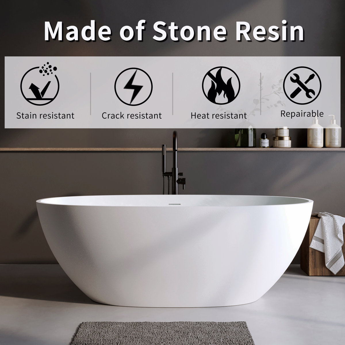 KAQCVIN 70.8″Solid Surface Matte Tub, Solid Surface Soaking Tub, Stone ...