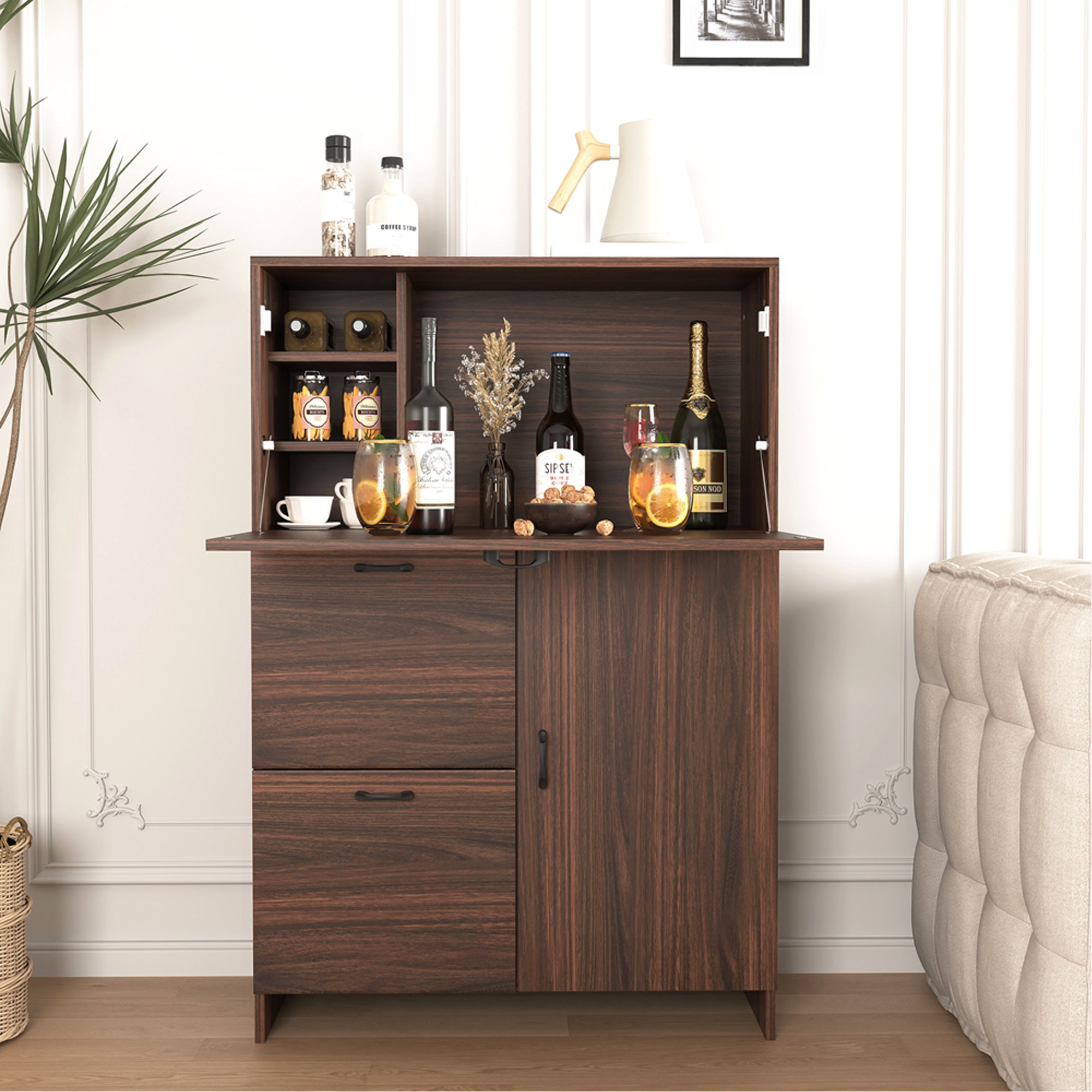 Ebern Designs Desk Cabinet, With Storage Drawer & Shelves, Fold-Up ...