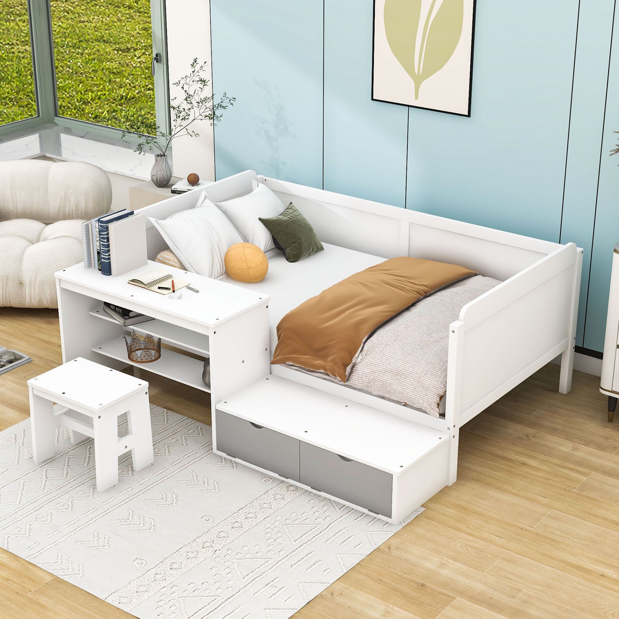 Lark Manor Twin Wood Daybed with Storage Shelves and Built-in-Desk ...