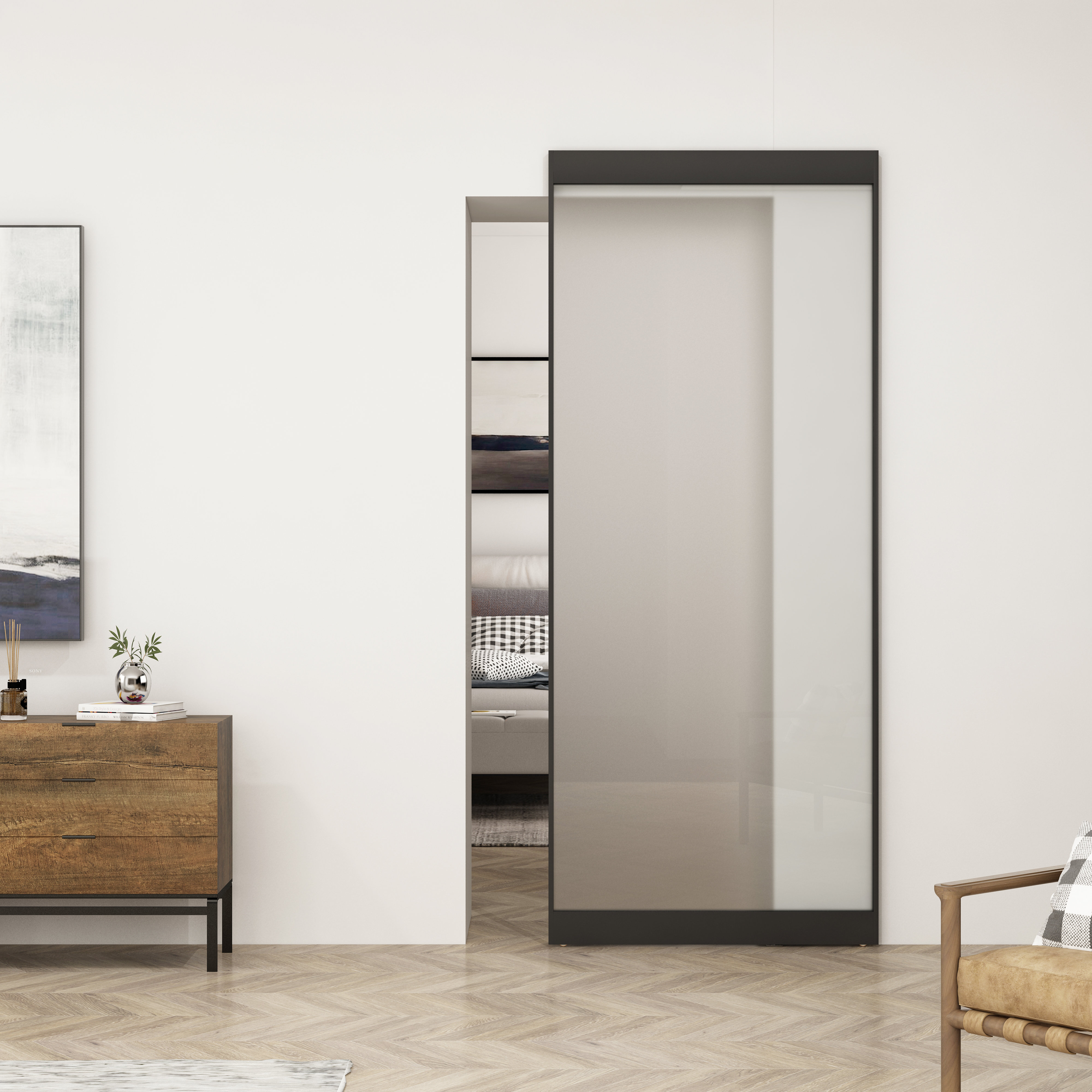 Calhome 40 in. x 84 in. Full Lite Frost Glass Steel Frame Sliding Door ...