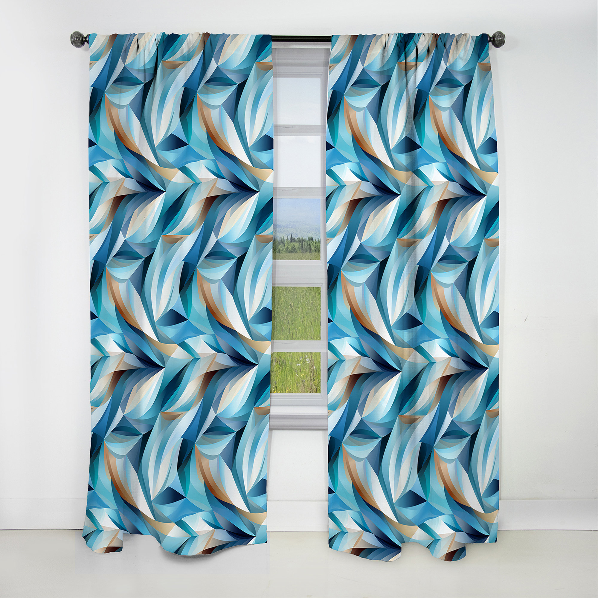 Design Art Blue Geometric Wave Tranquility I - Abstract Curtain ...