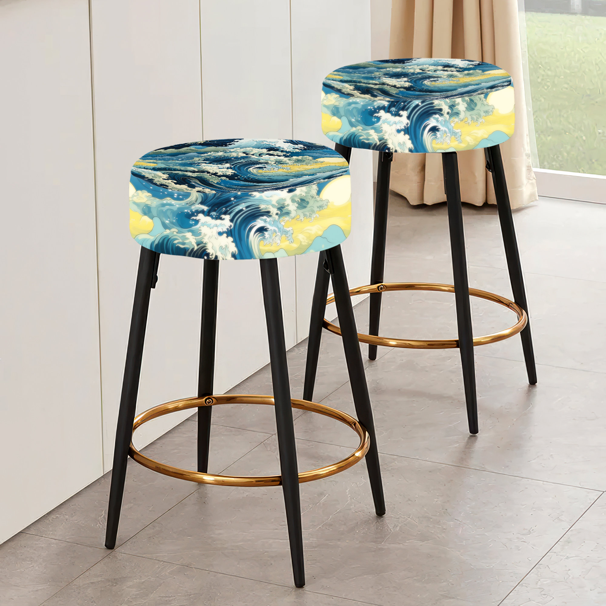 Design Art Sunrise Hokusai Waves Japanese Pattern - Coastal Bar Stools ...