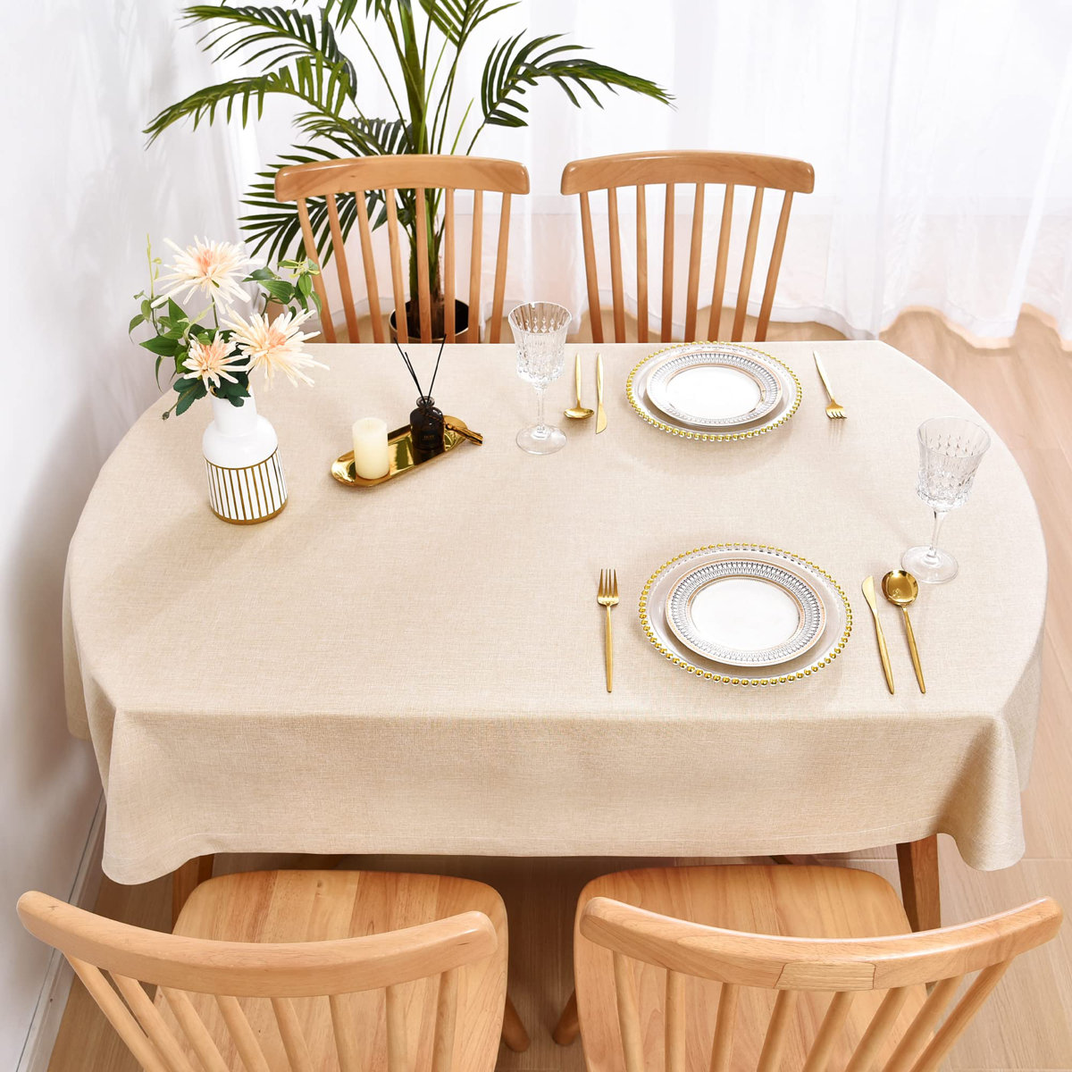 Ebern Designs Oval Hemstitch Border Tablecloth Neutral Faux Linen Table ...