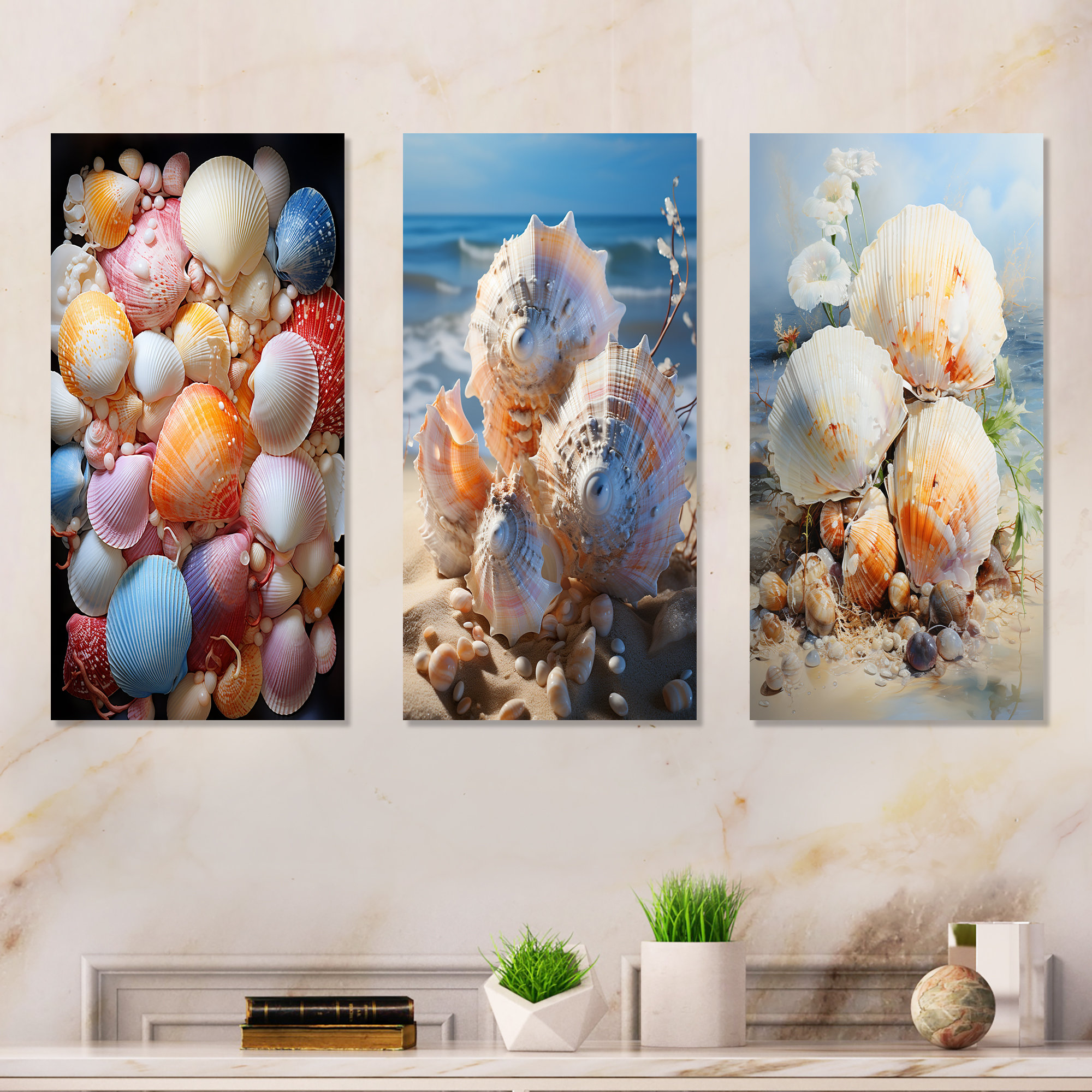 Dovecove Seashells On Dreamy Tide - Seashell Canvas Wall Art Set Of 3 ...