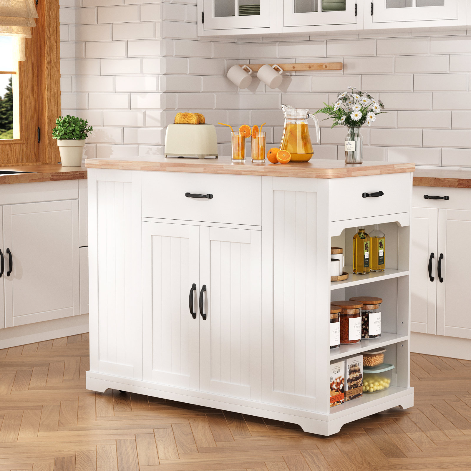 Winston Porter Rolling Kitchen Island With Drawers, Cabinets, And Open ...