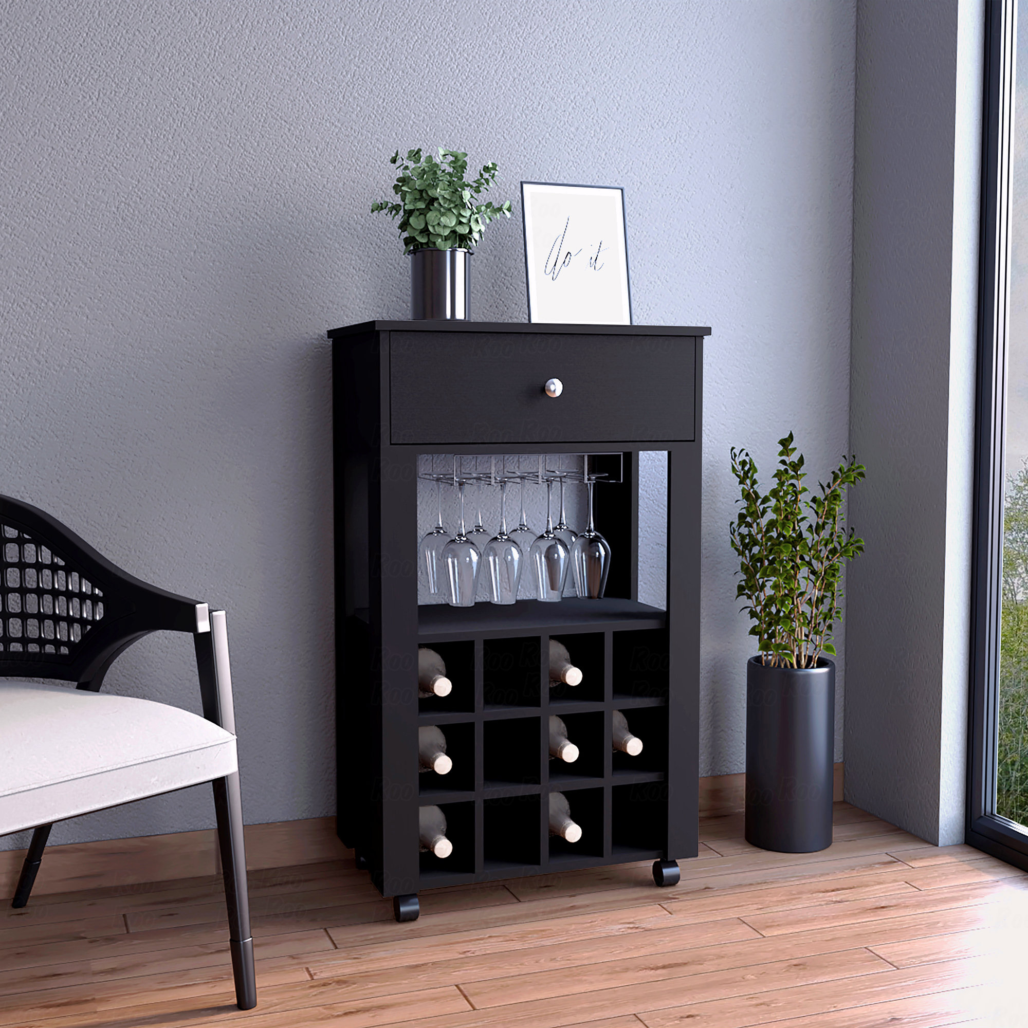 Latitude Run® Bar Cart, Twelve Built-In Wine Rack, Four Legs, One Open ...