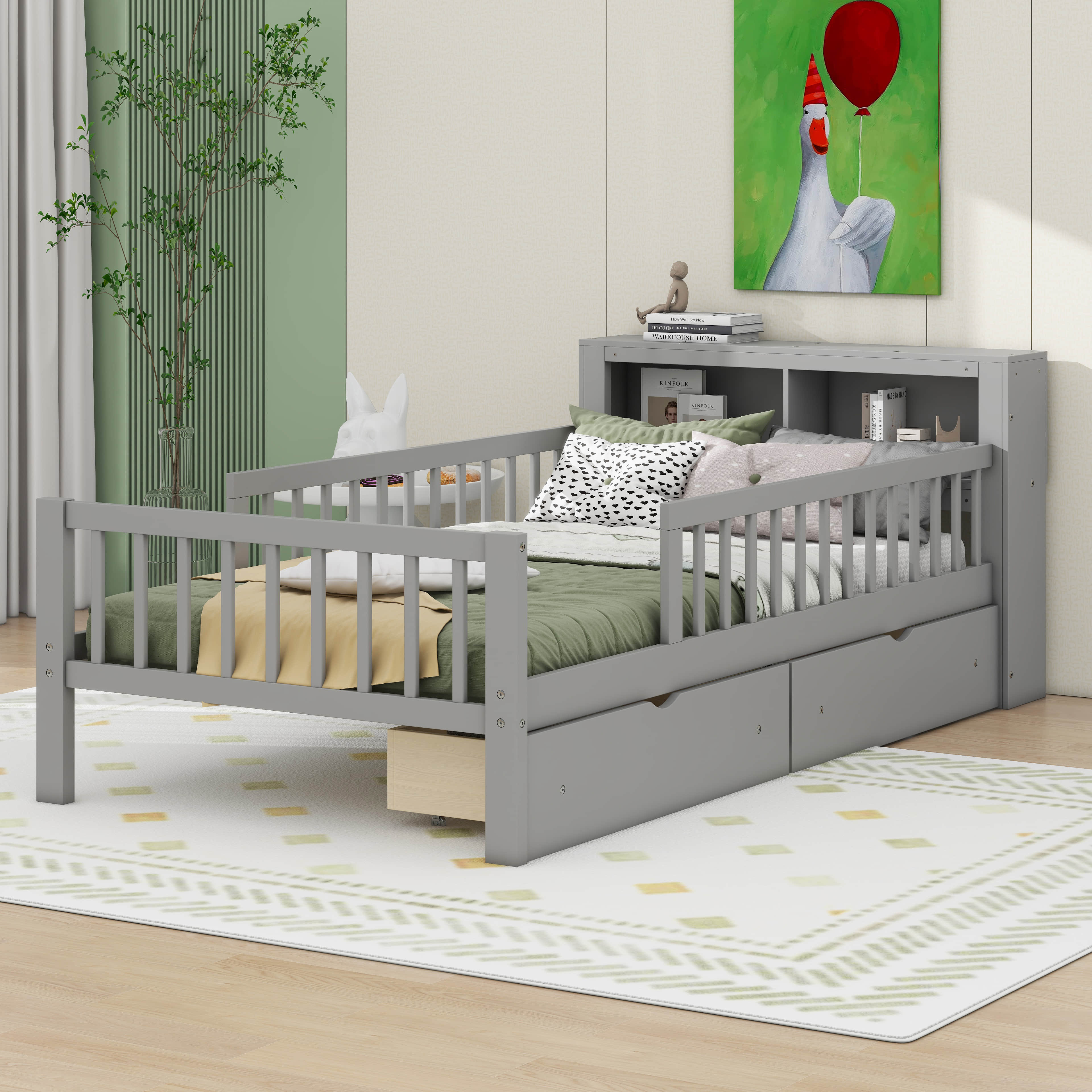 Cosmic Twin Size Platform Bed With 3-Sides Guardrails And 2 Under-Bed ...