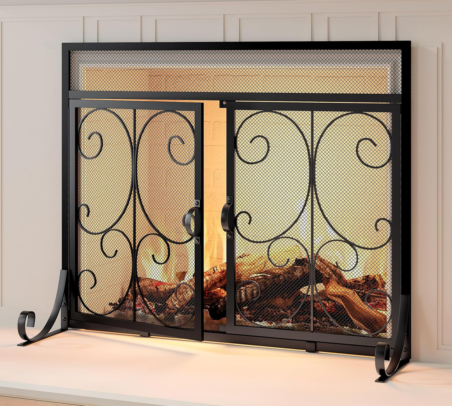 Winston Porter Large Flat Fireplace Screen With Doors Wrought Iron ...
