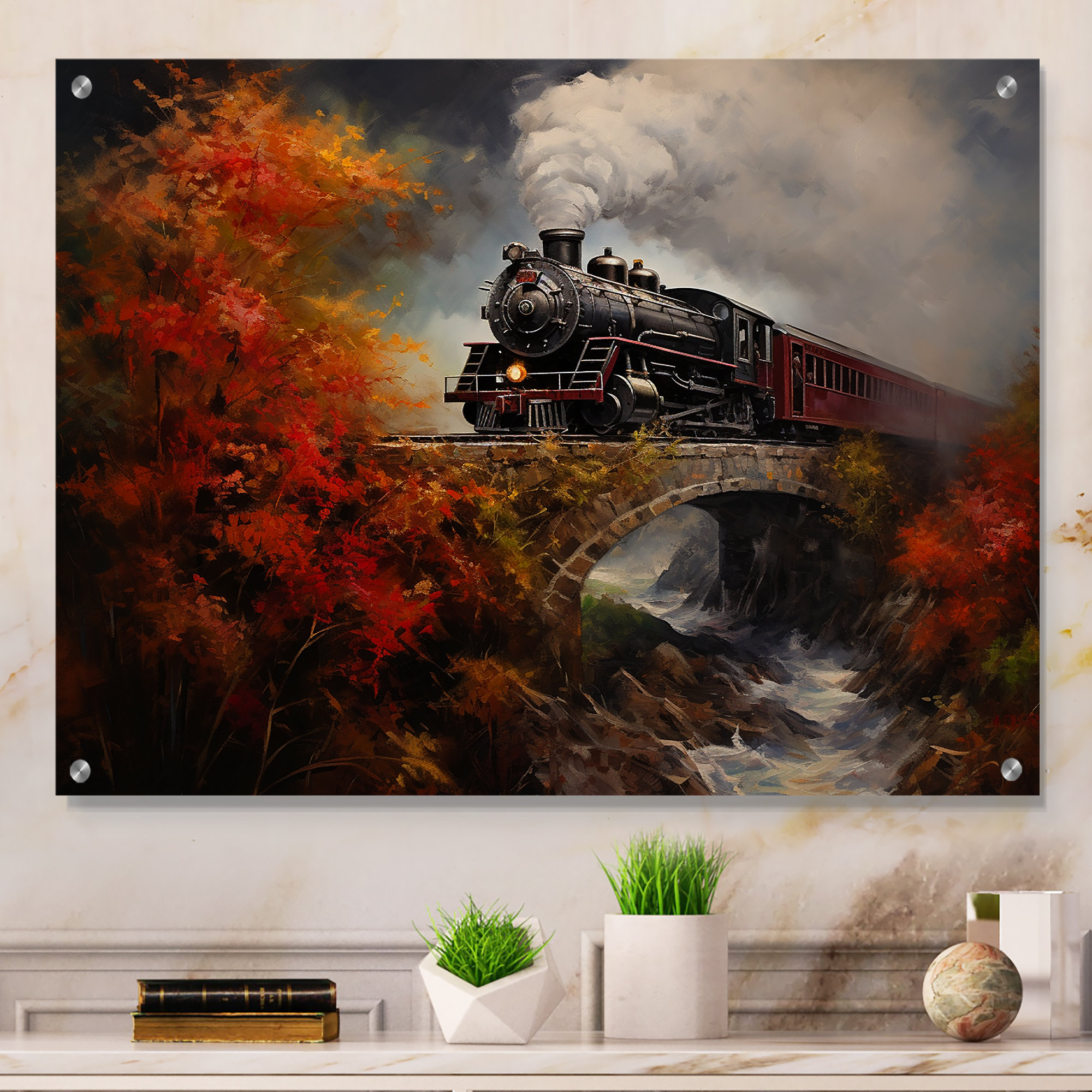 Design Art Steamtrain Crossing Autumn Bridge Painting - Train Acrylic ...