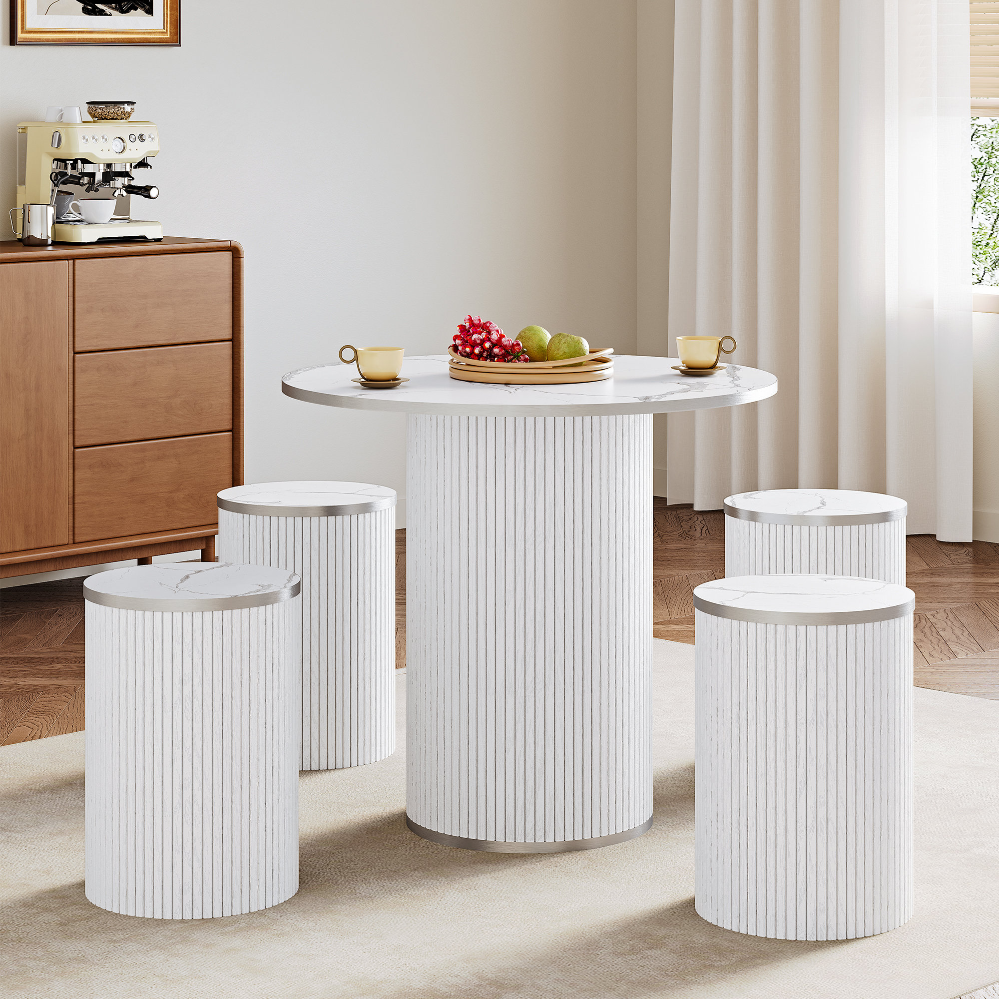 Latitude Run® Modern 31.5" fluted round dining table a silver outline ...