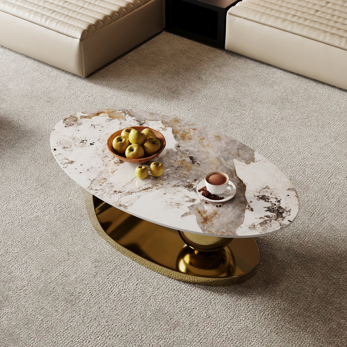 Everly Quinn Modern Oval Cofee Table, Glossy Faux Mable Table-top ...