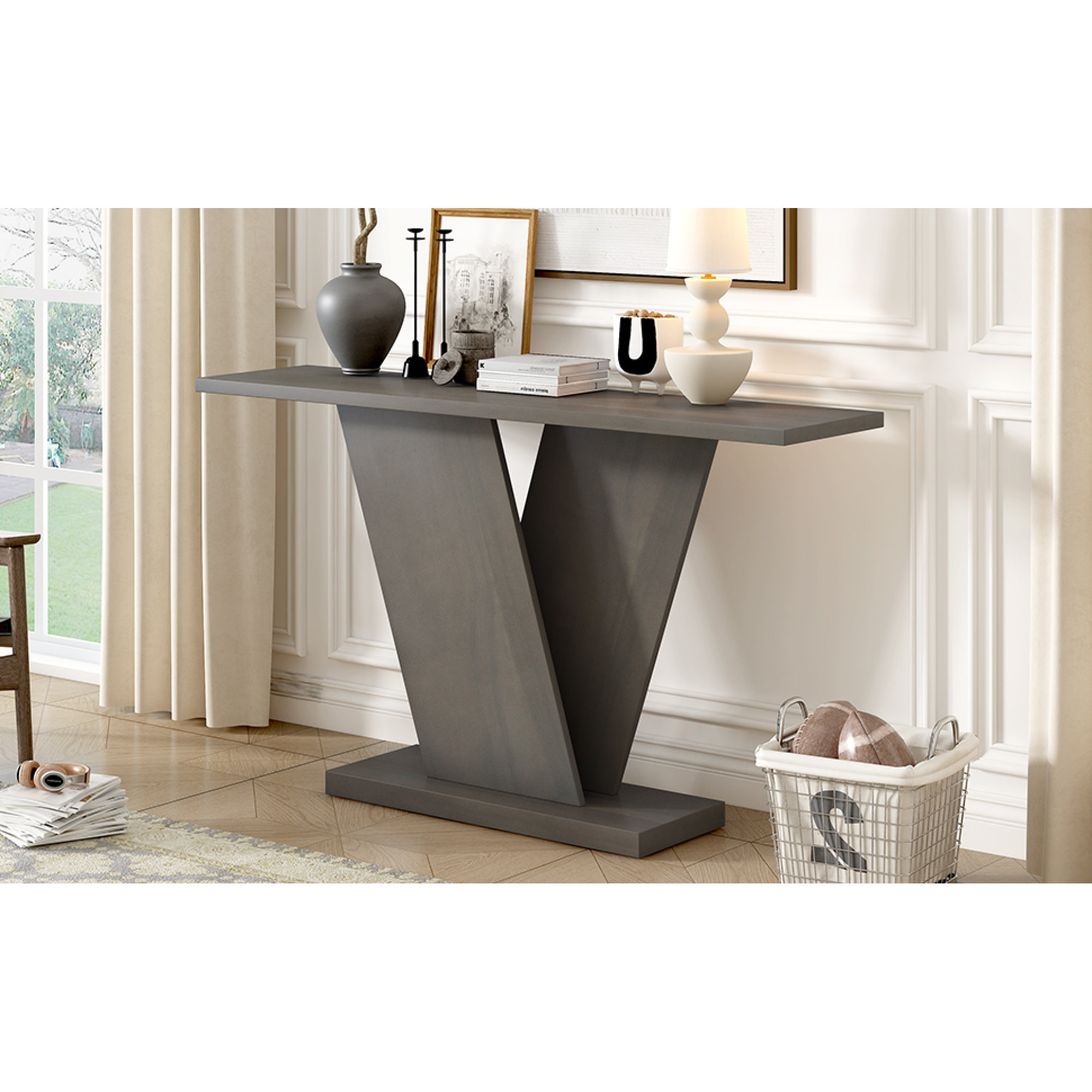 Gracie Oaks Mirod Console Table With Natural Wood Veneer And V-base ...