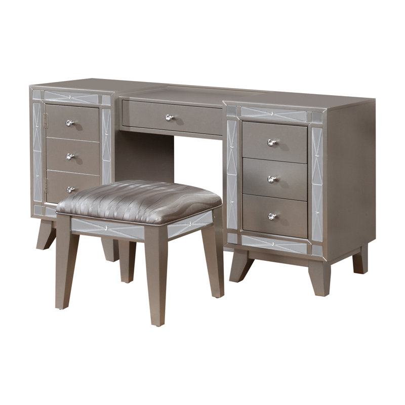 Rosdorf Park Eltra 7 Drawer Vanity Desk with Stool in Metallic Mercury ...