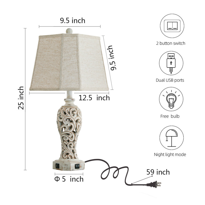 Ivy Bronx Hettel 25" Resin Carved Table Lamp Set With Night Light And ...