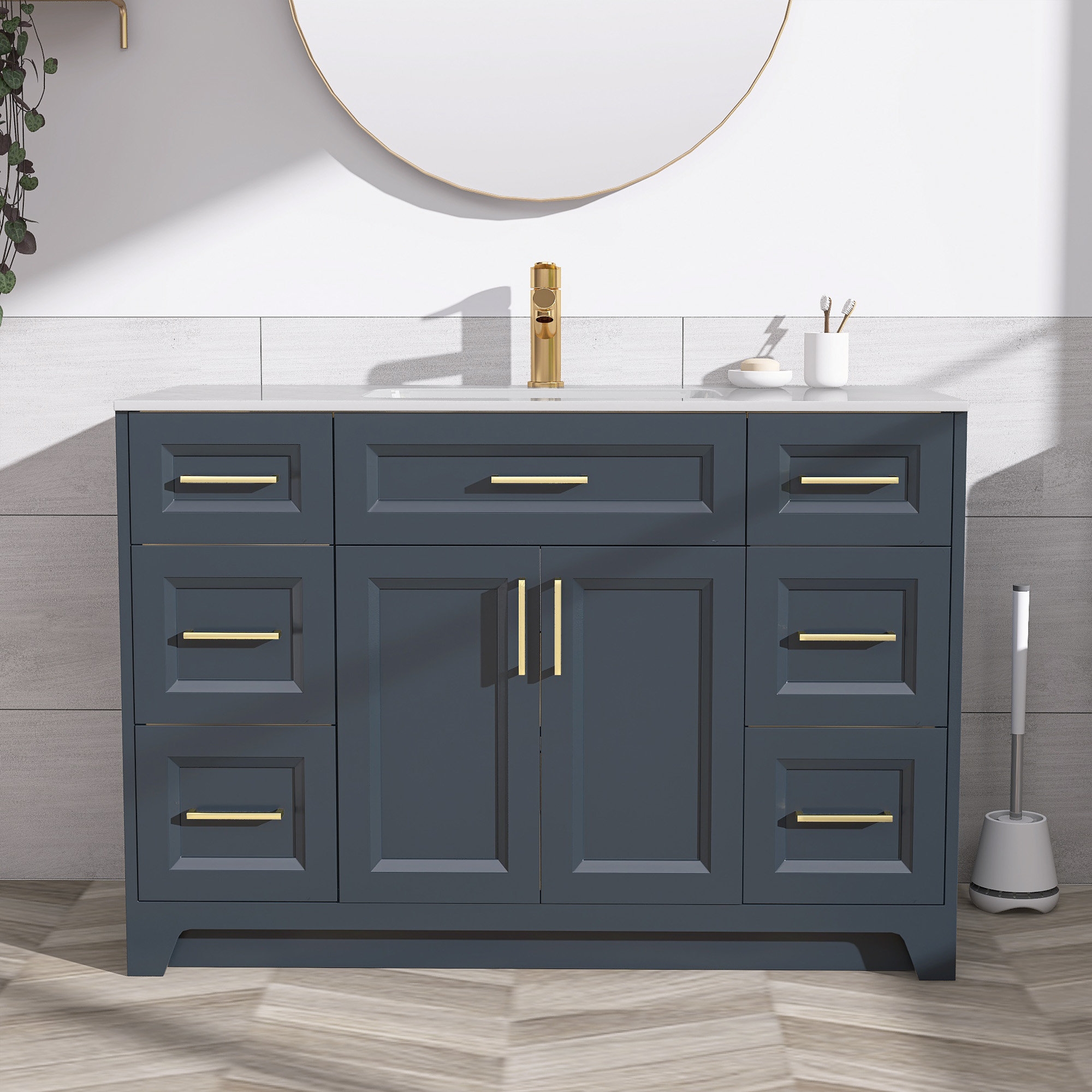 ZEAFIVE Solid Wood 48" Single Bathroom Vanity with Solid Surface Top ...