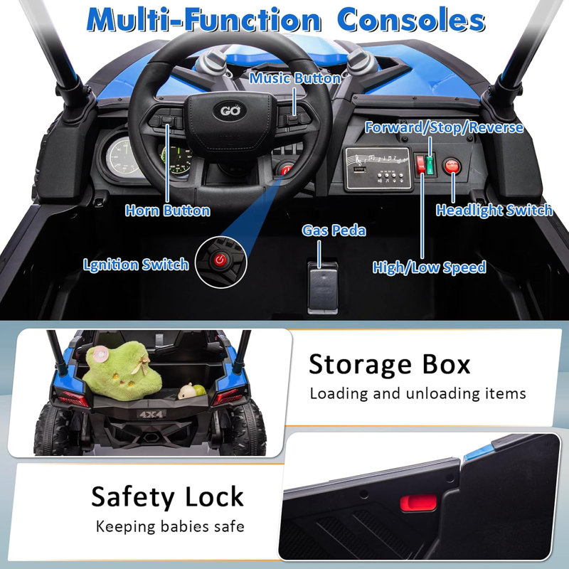 Hetoy 2-Seater Kids Ride On Utv, 24V 4WD Electric Truck With Sun Shade ...