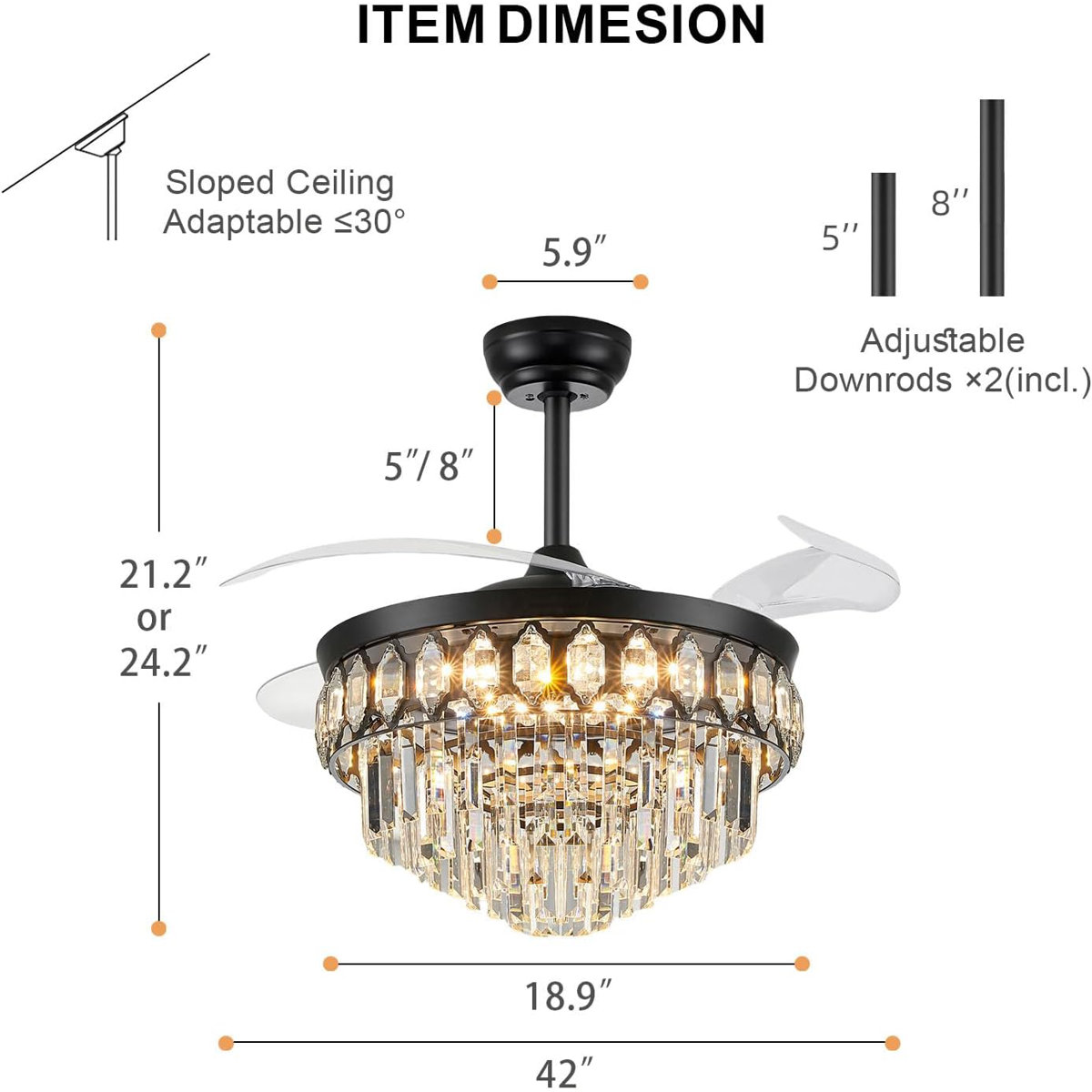 INKEDZ Fandelier Ceiling Fan with Light, Retractable Ceiling Fan with ...