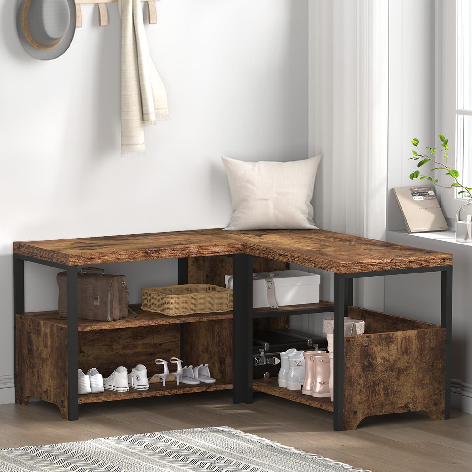 Hokku Designs Shoe Cabinet, Rustic Corner Storage with Shelves, Bench ...