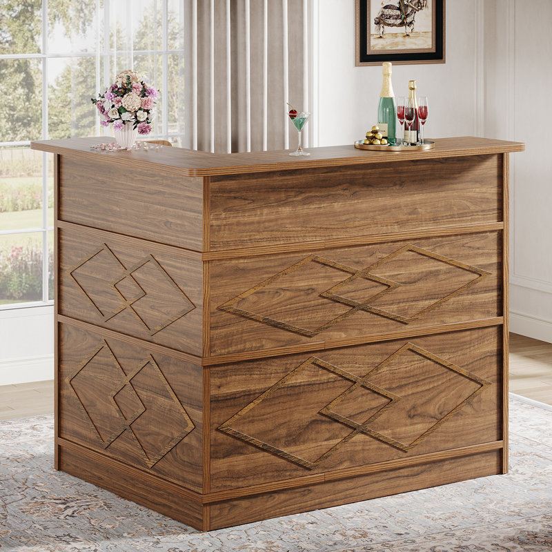 Union Rustic Lukeshia Home Bar Unit, L-Shaped Wood Bar Cabinet With ...