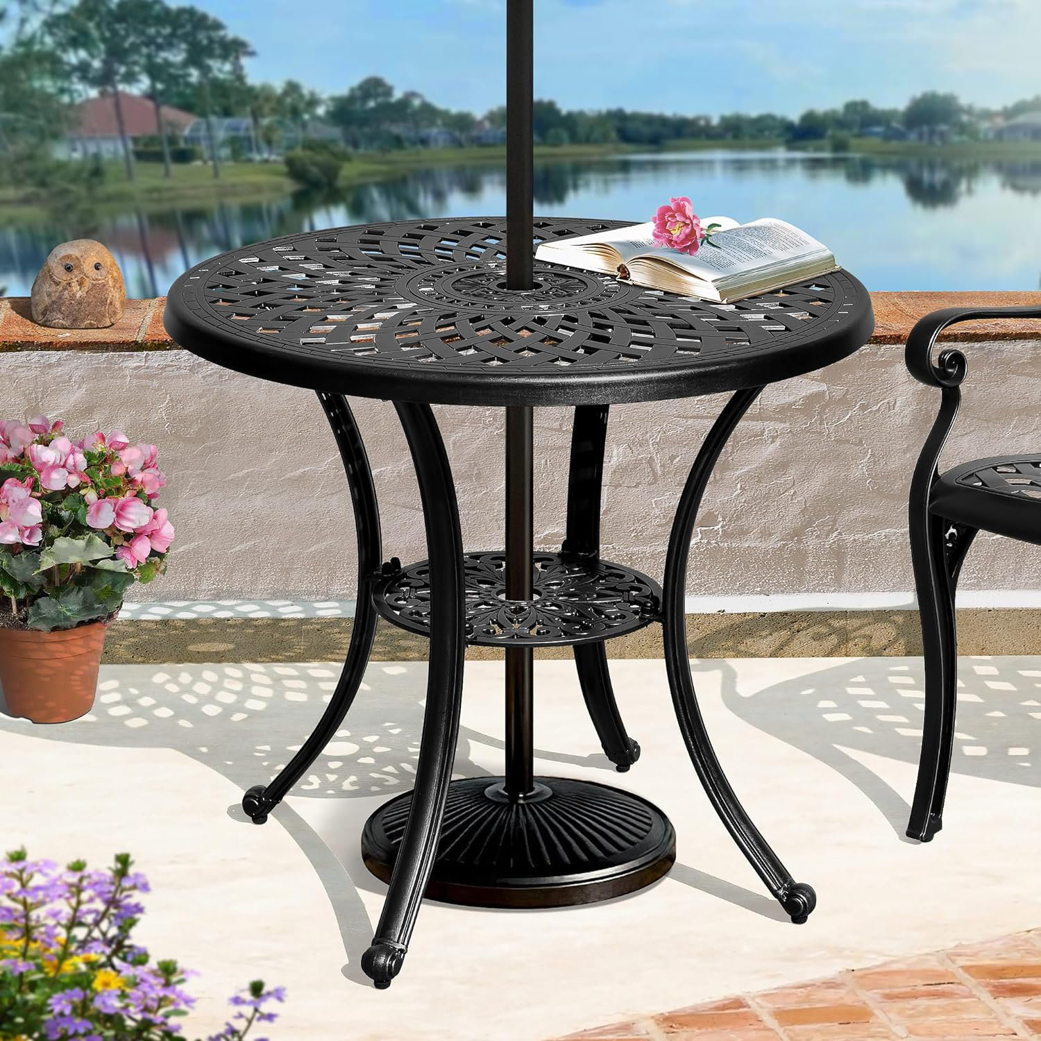 Shimano 30 Inches Round Patio Dining Table With Umbrella Hole, Antique ...