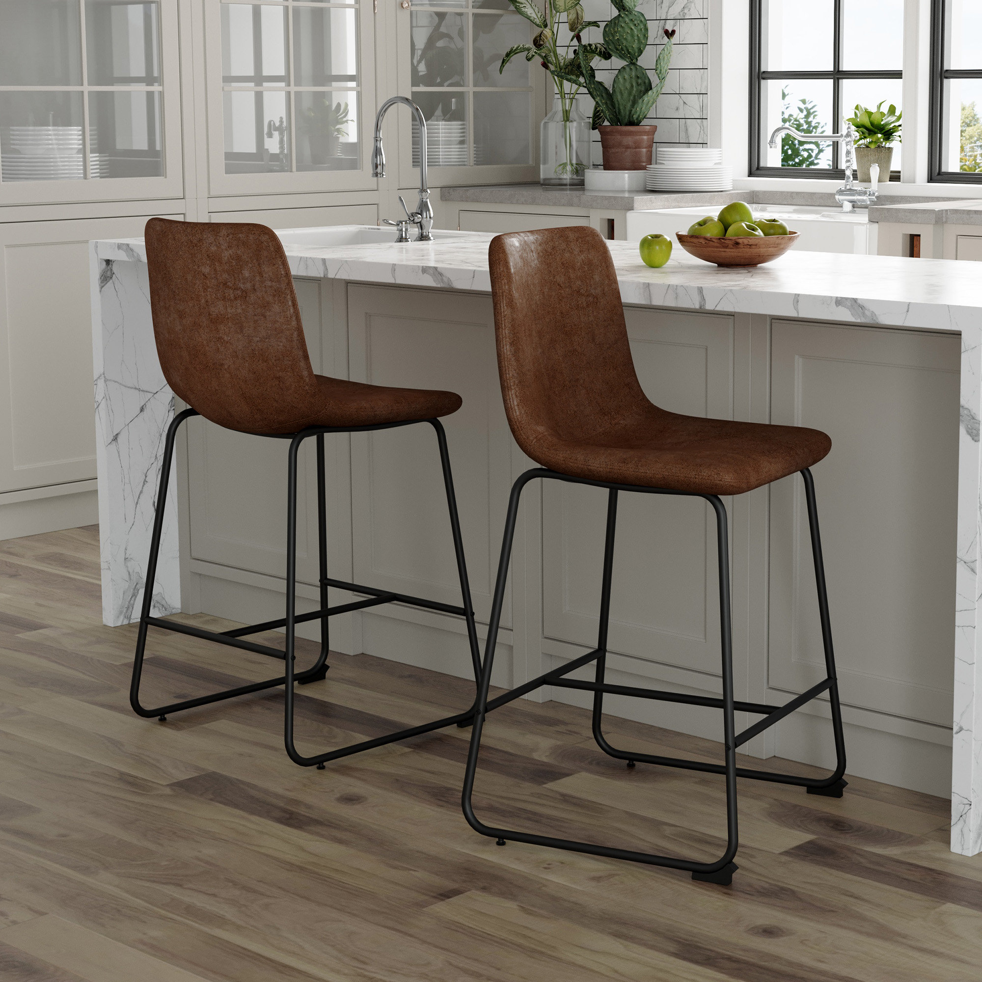 17 Stories Set of 2 Vintage Style Bar Stools with Upholstery and ...