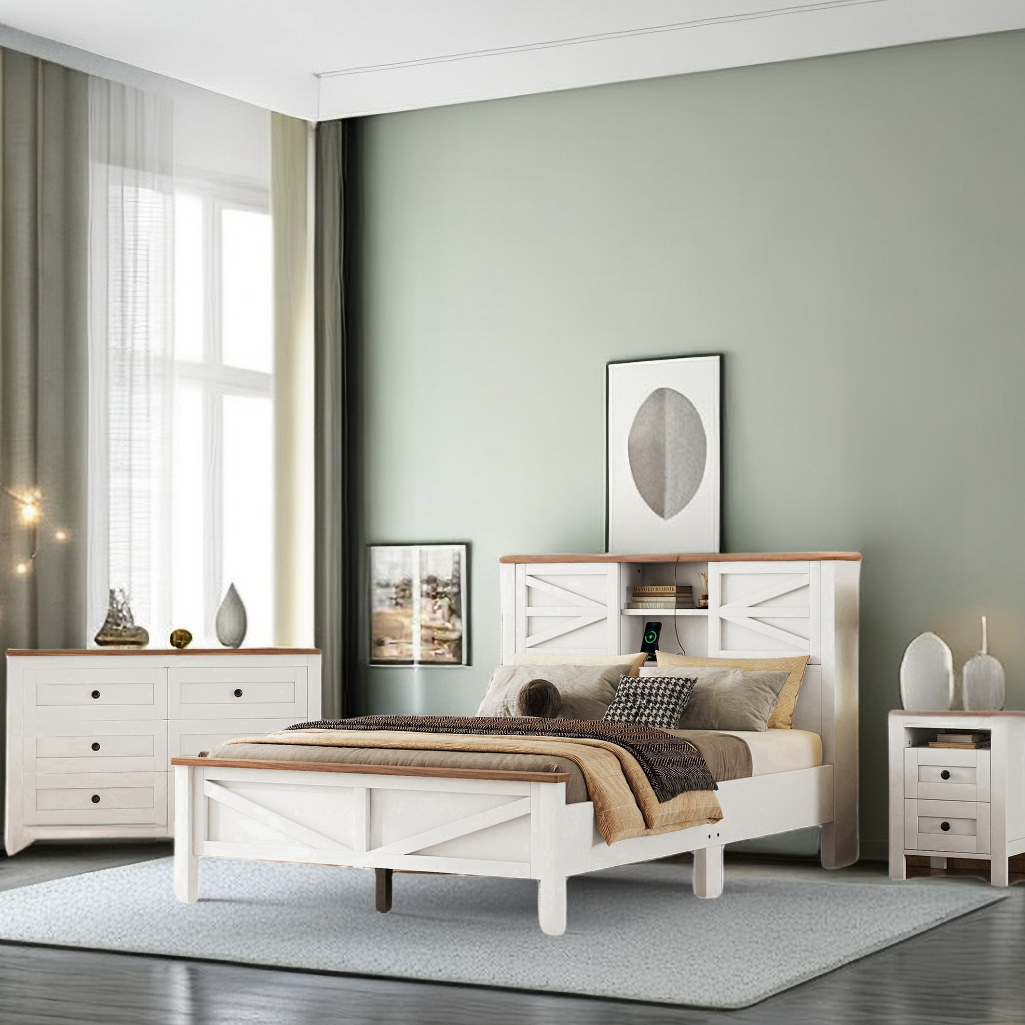 August Grove® 3-pieces Bedroom Sets Included Farmhouse Platform Bed ...