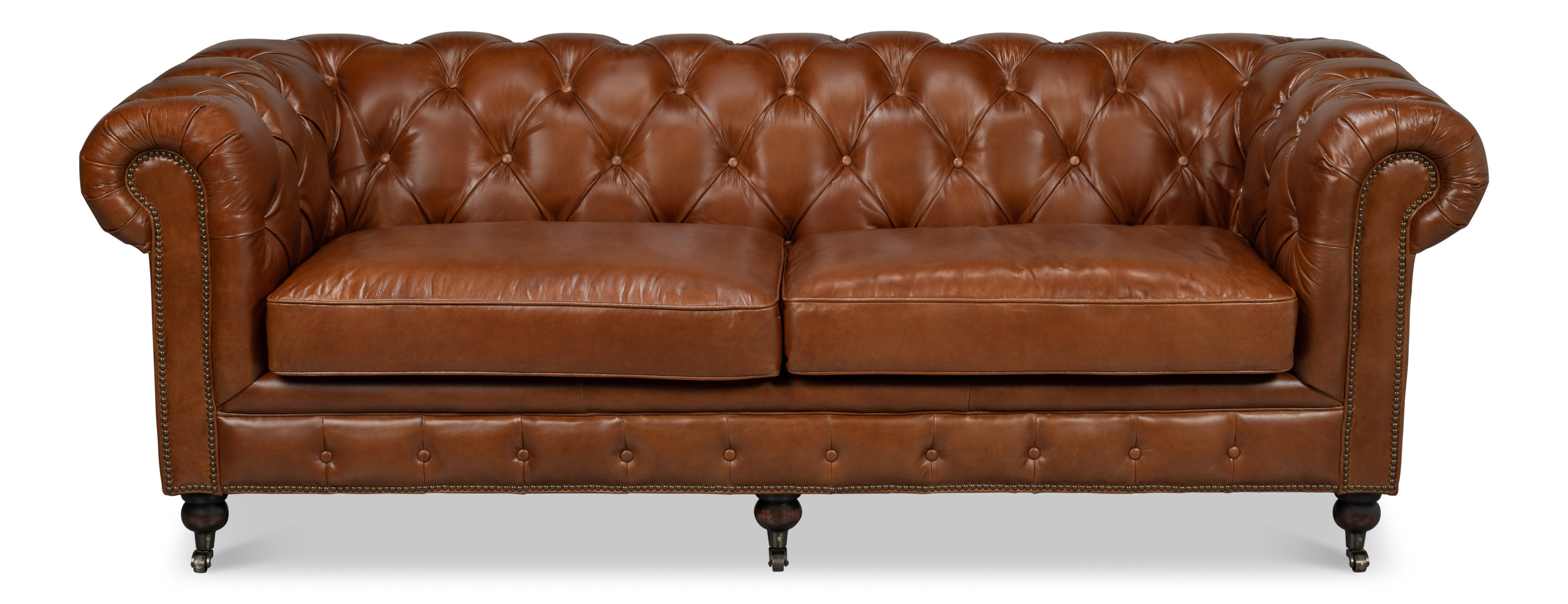Sarreid Ltd Castered Chesterfield 89" Genuine Leather Rolled Arm Sofa ...