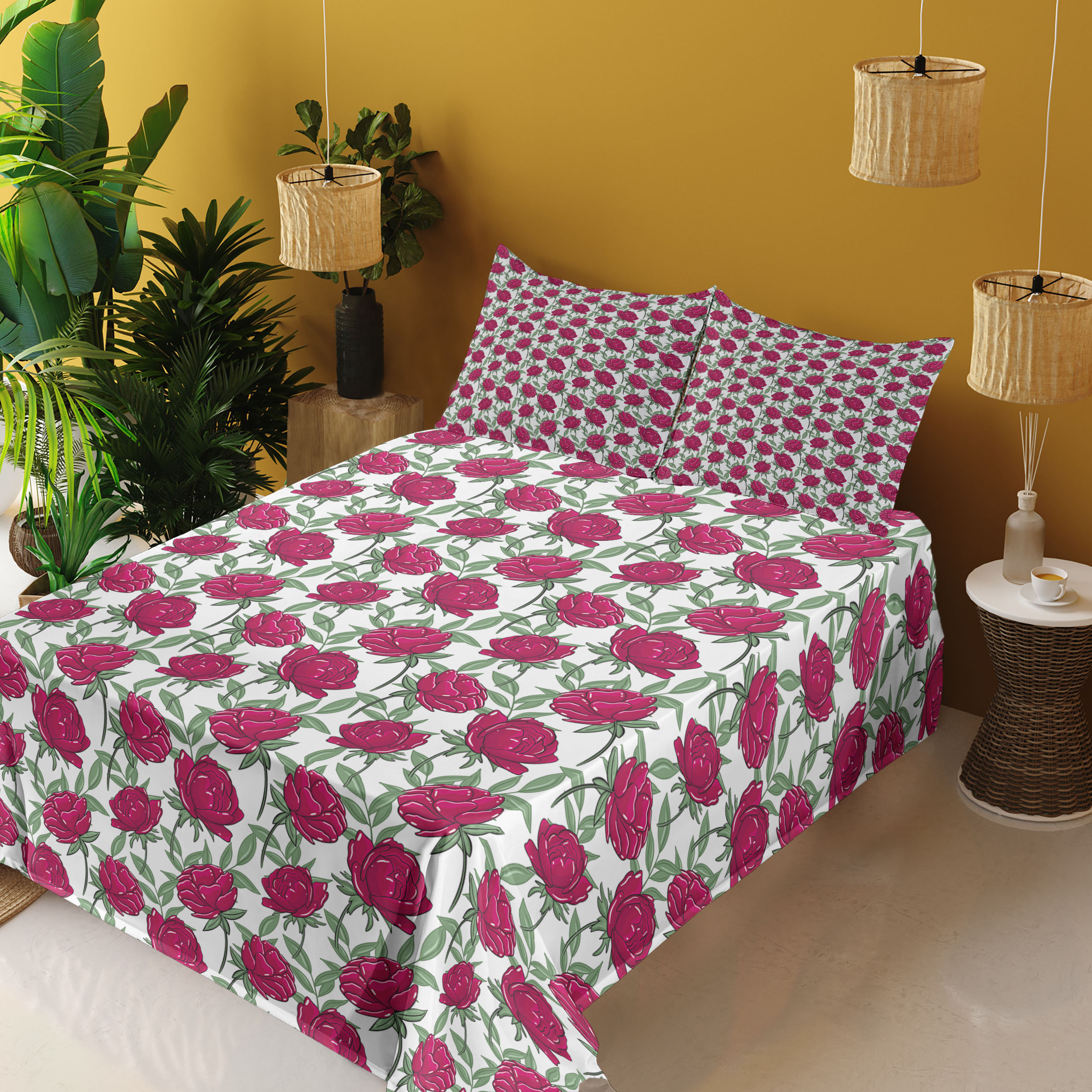 Ambesonne Spring Sheet Set 4 Pcs Peonies Botanical Pattern Magenta and ...