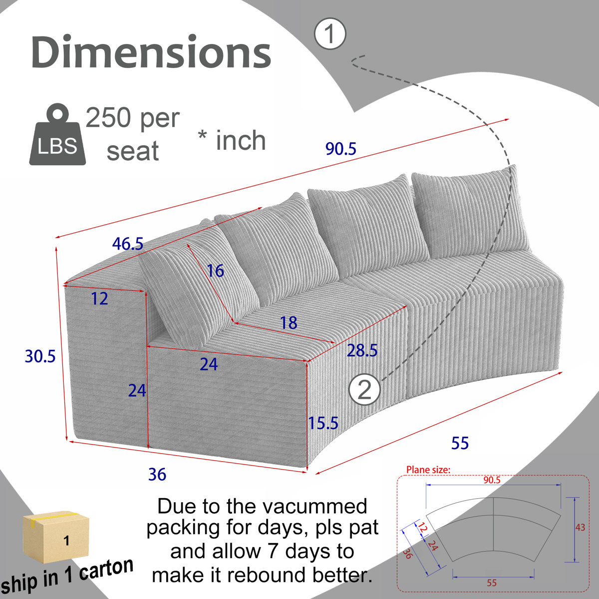 Latitude Run® Temica 90.5"W Corduroy Vacummed Curved Sectional, Low ...
