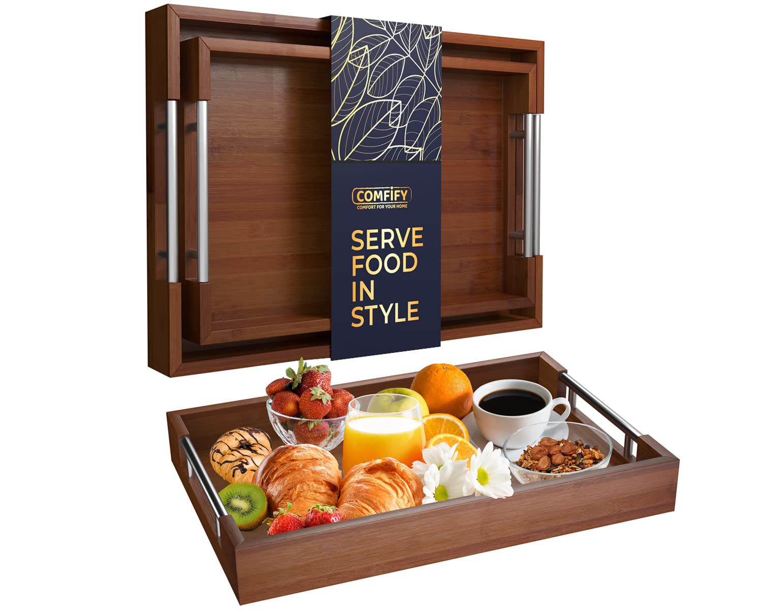 Fish hunter Set Of 2 Modern Bamboo Serving Trays With Metal Handles ...