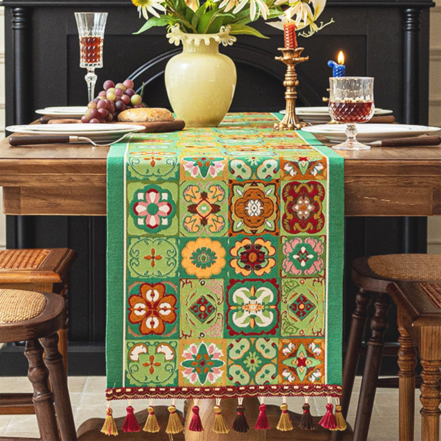 Bungalow Rose 13×72" Retro-luxury Tassel Table Runner Ethnic Green ...