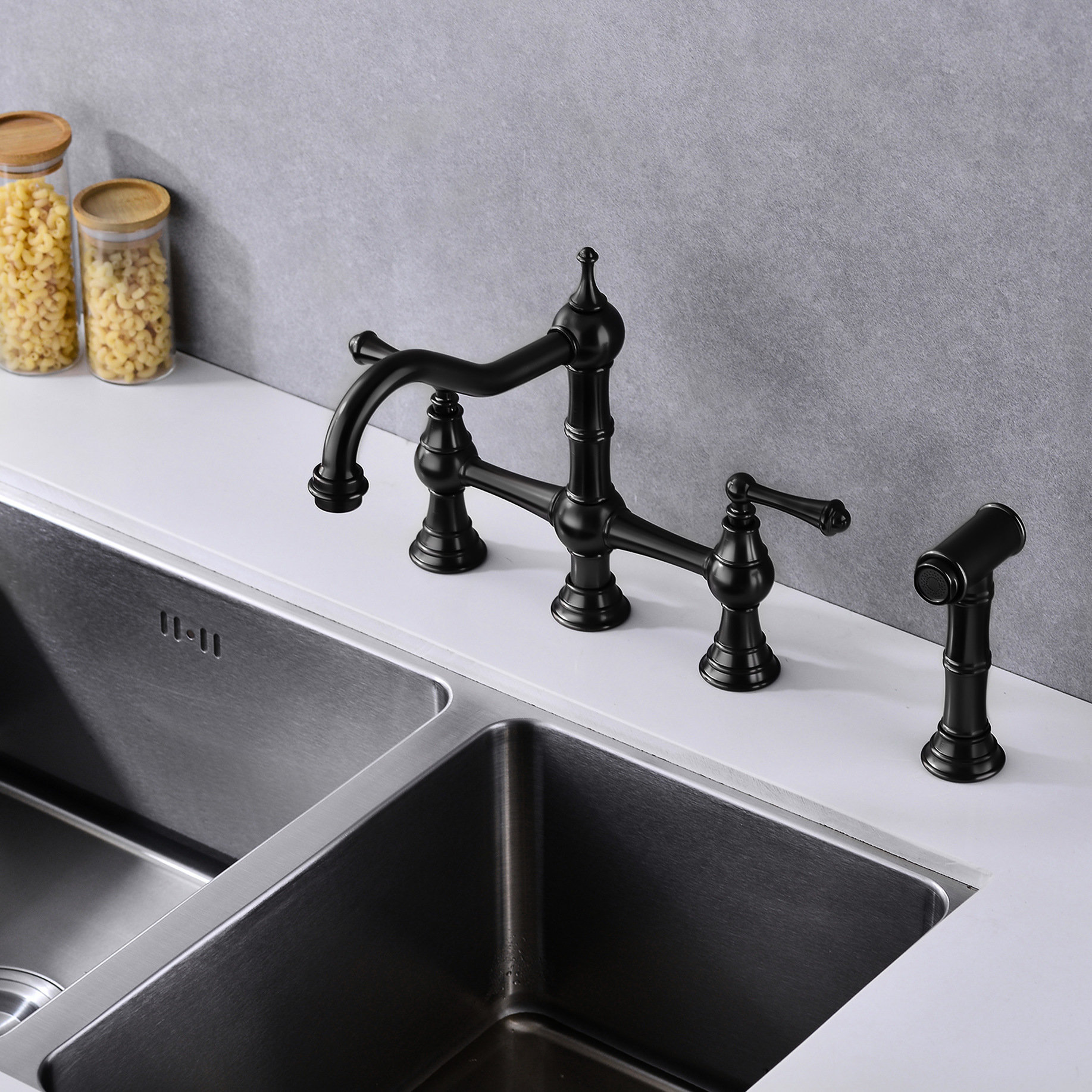 Latitude Run® Bridge Style Kitchen Faucet With Dual Handles In Matte ...